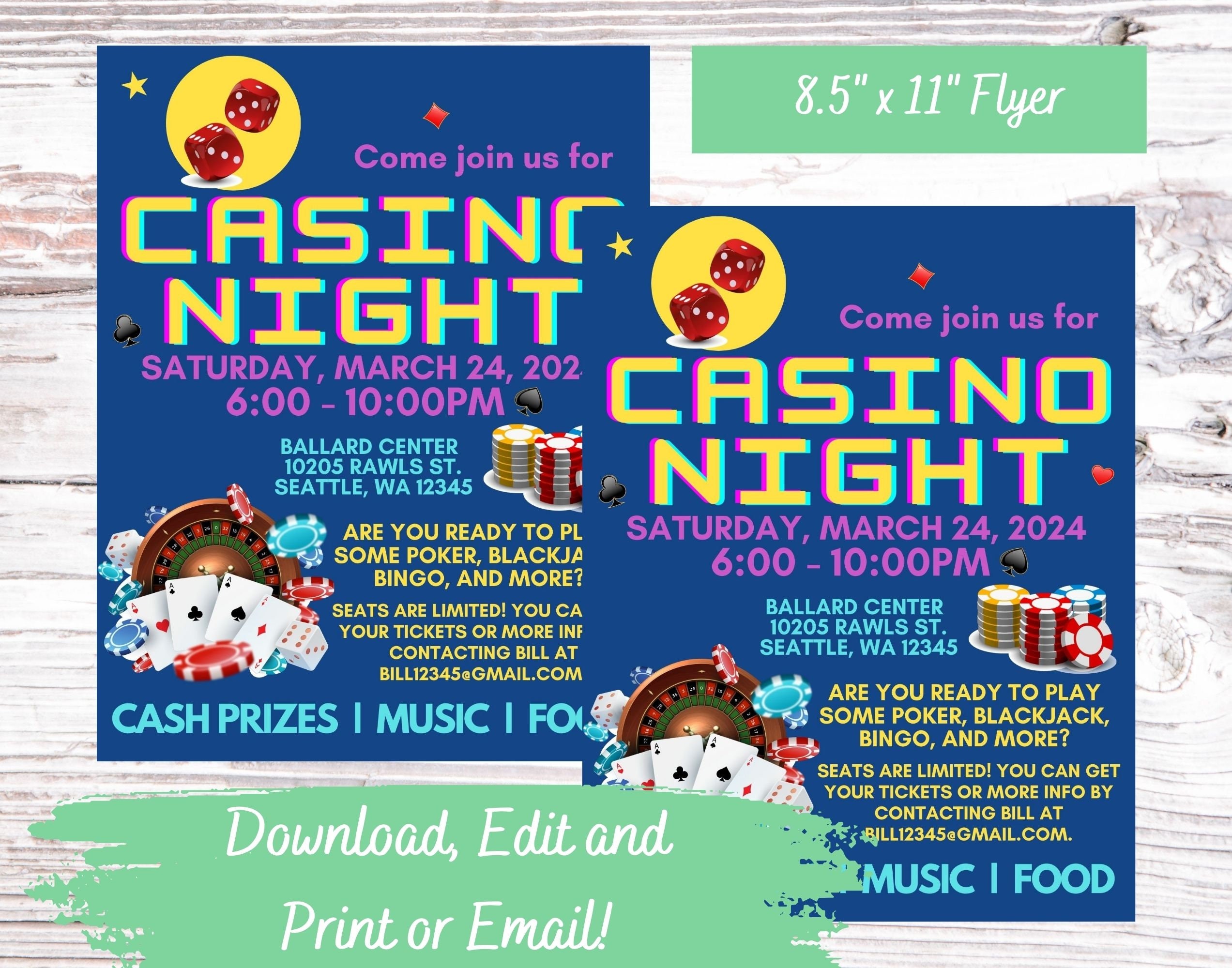 Casino Night Fundraiser Event Invitation Flyer Template editable and ...