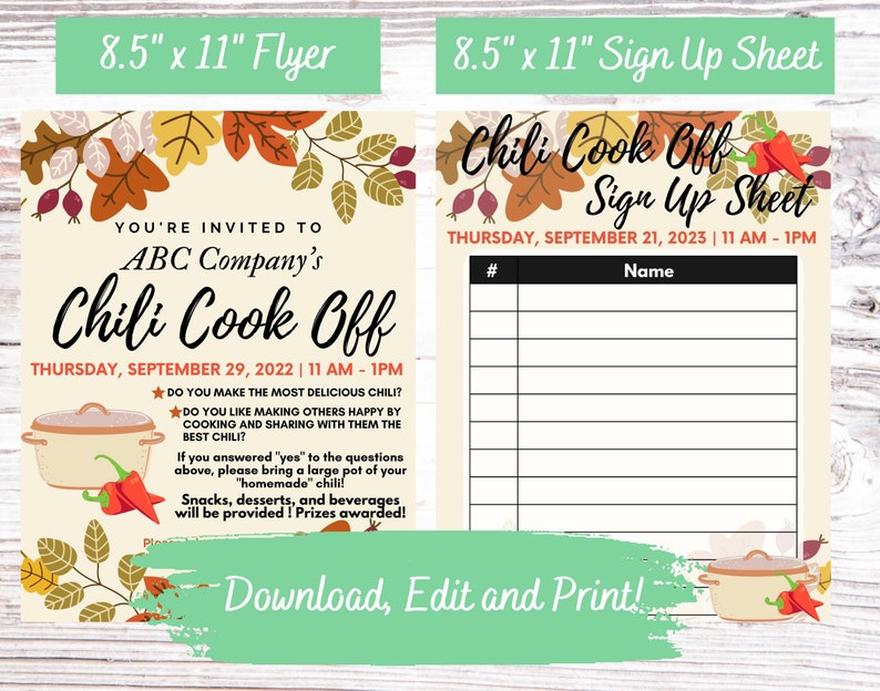 EDITABLE and Printable Chili Cook off Flyer and Sign up Sheet Template ...