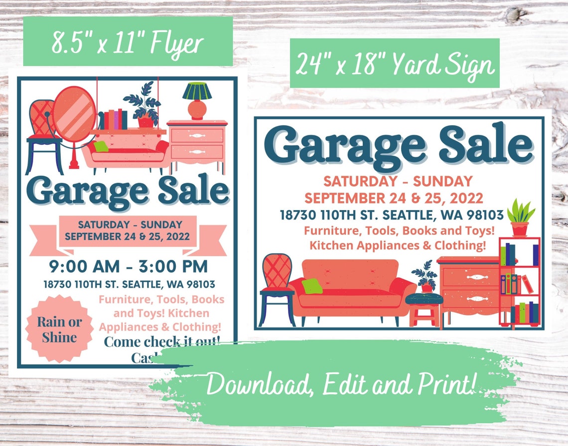 Editable and Printable Garage Sale Event Flyer and Yard Sign Template ...