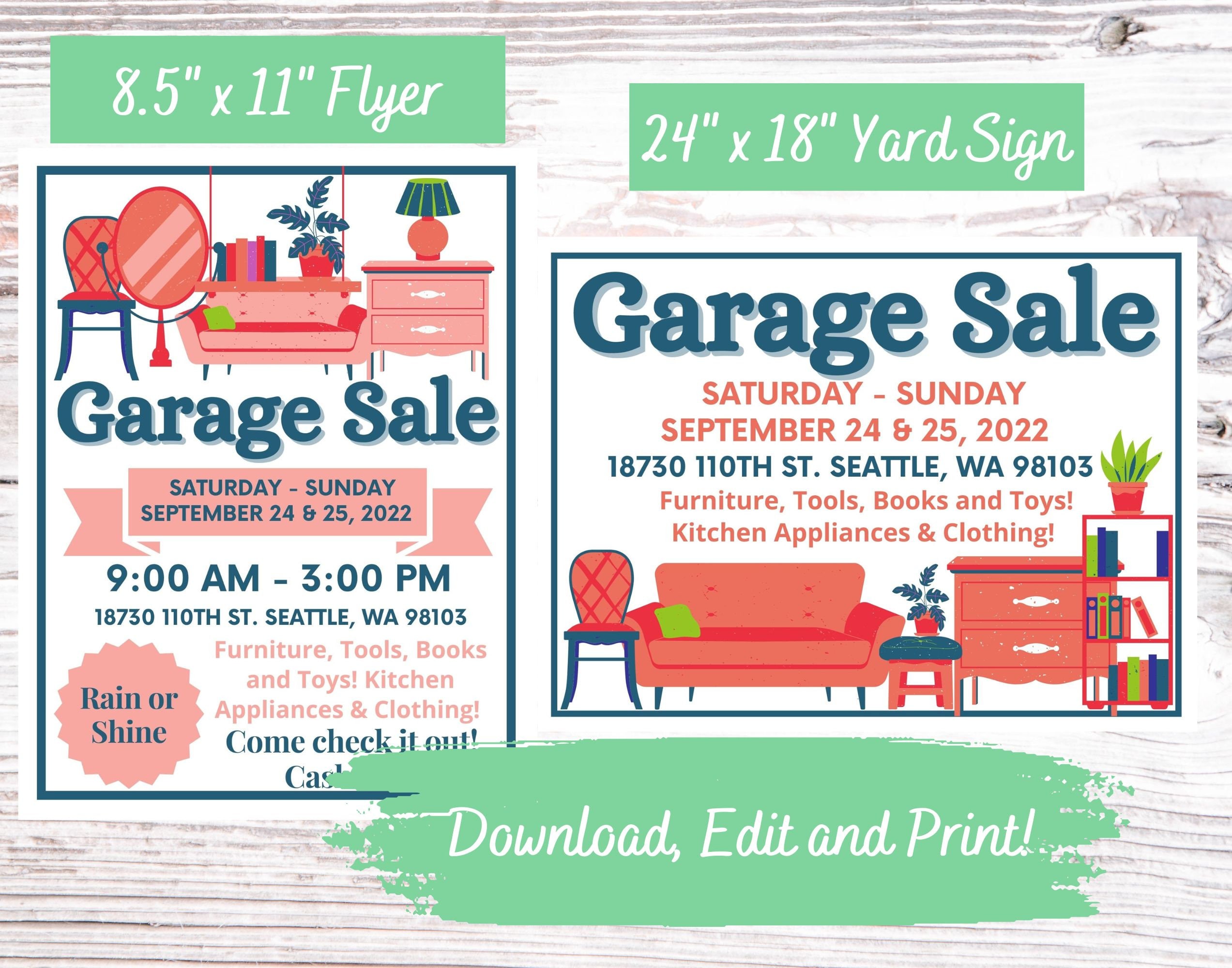 Editable and Printable Garage Sale Event Flyer and Yard Sign Template ...