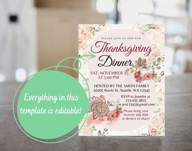 EDITABLE and Printable Floral Thanksgiving Dinner Invitation Flyer ...