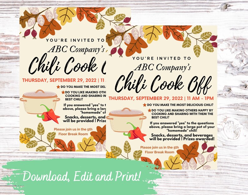 Editable and Printable Office Chili Cook off Invitation Flyer Template ...