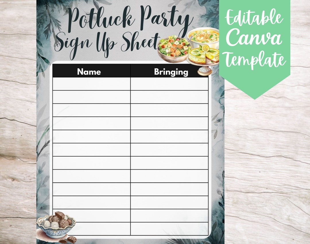 EDITABLE and Printable Potluck Party Event Sign up Sheet Template ...