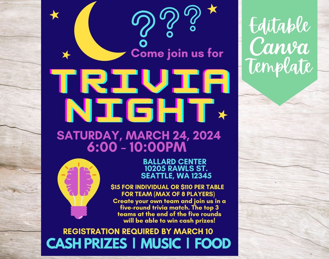 Trivia Night Event Invitation Flyer Template (editable and Printable ...