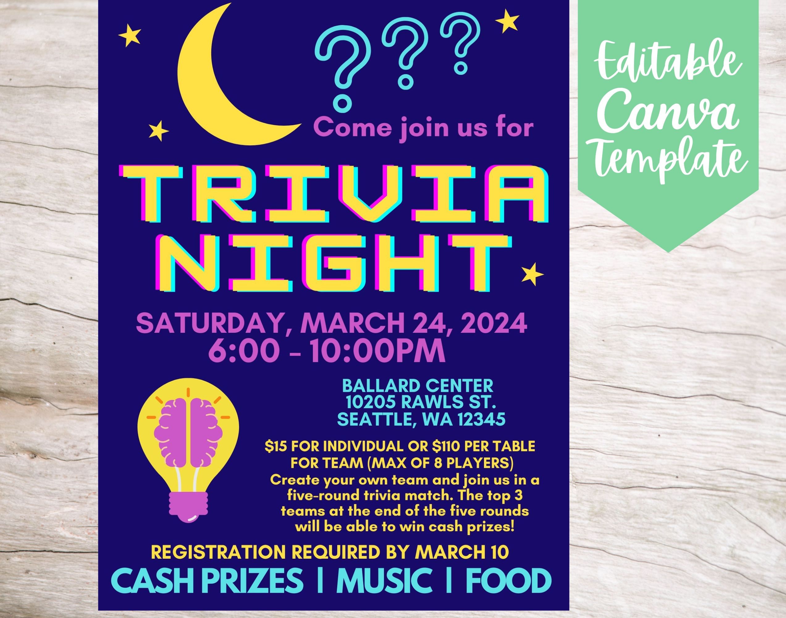 Trivia Night Event Invitation Flyer Template (editable and Printable ...
