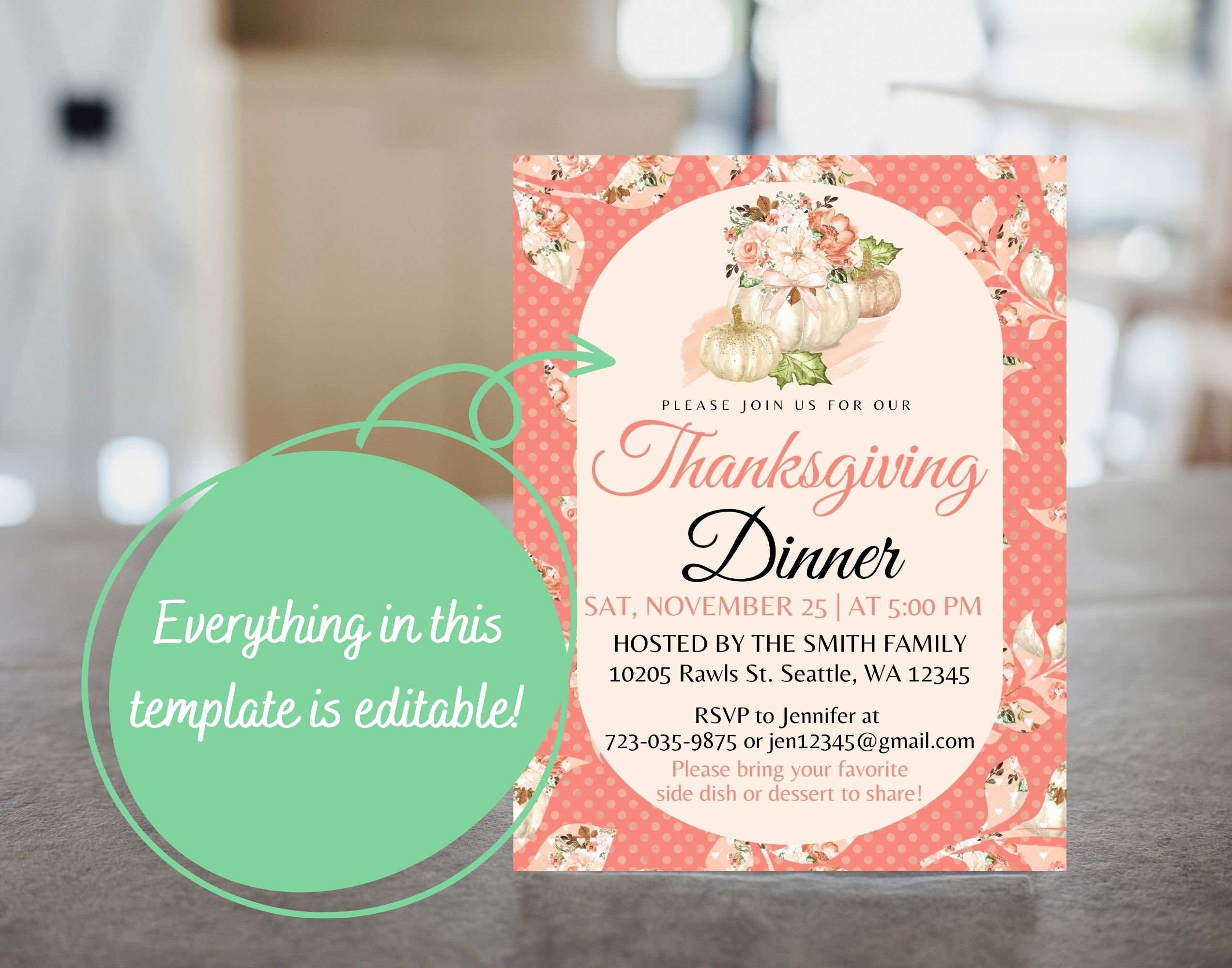 EDITABLE and Printable Pink Floral Thanksgiving Dinner Invitation ...