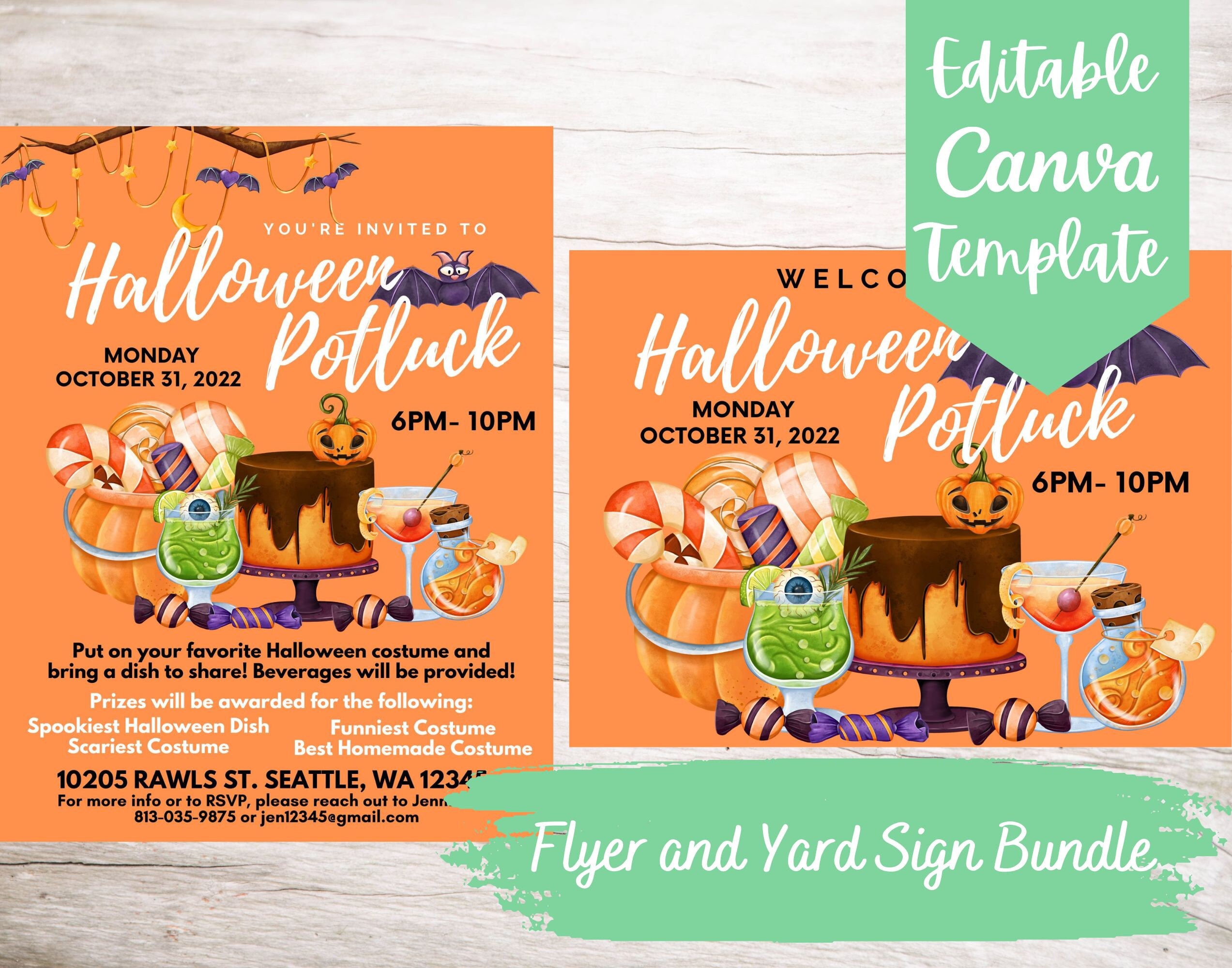 Editable And Printable Halloween Potluck Flyer And Yard Sign Etsy