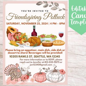 Friendsgiving Potluck Invitation Flyer Template, Editable and Printable ...