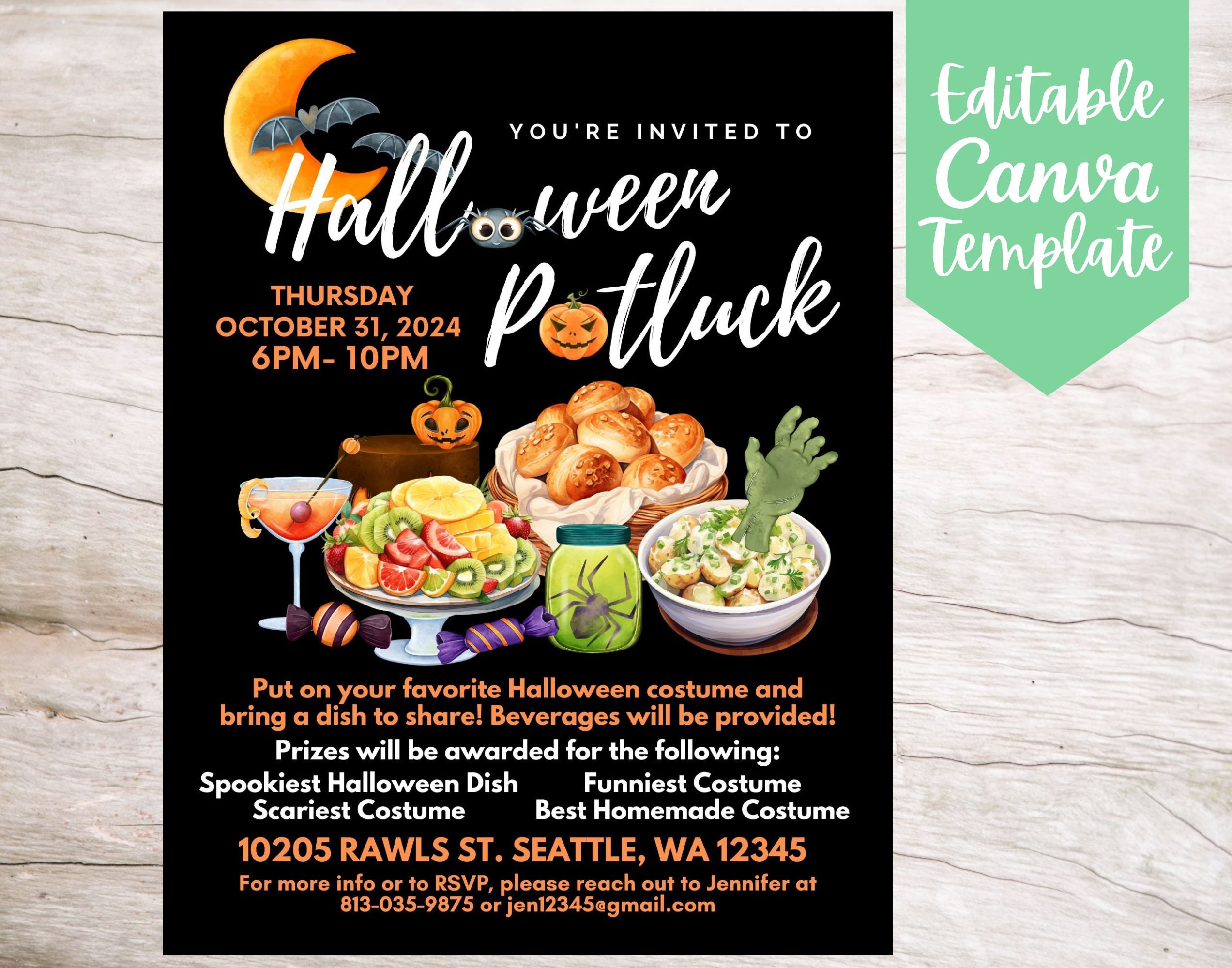 Spooky Halloween Potluck Event Invitation Flyer Template, Editable and ...