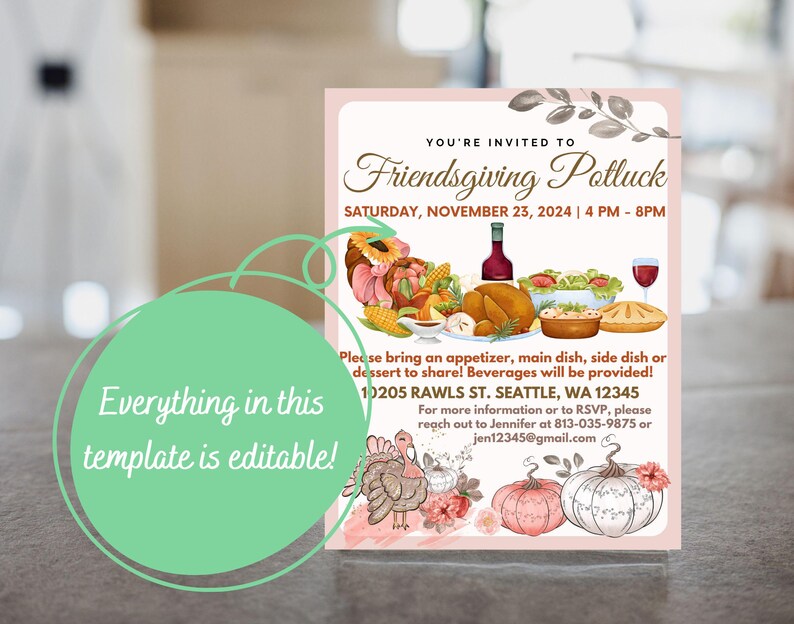 Friendsgiving Potluck Invitation Flyer Template, Editable and Printable ...