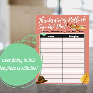 EDITABLE and Printable Thanksgiving Potluck Flyer and Sign up Sheet ...