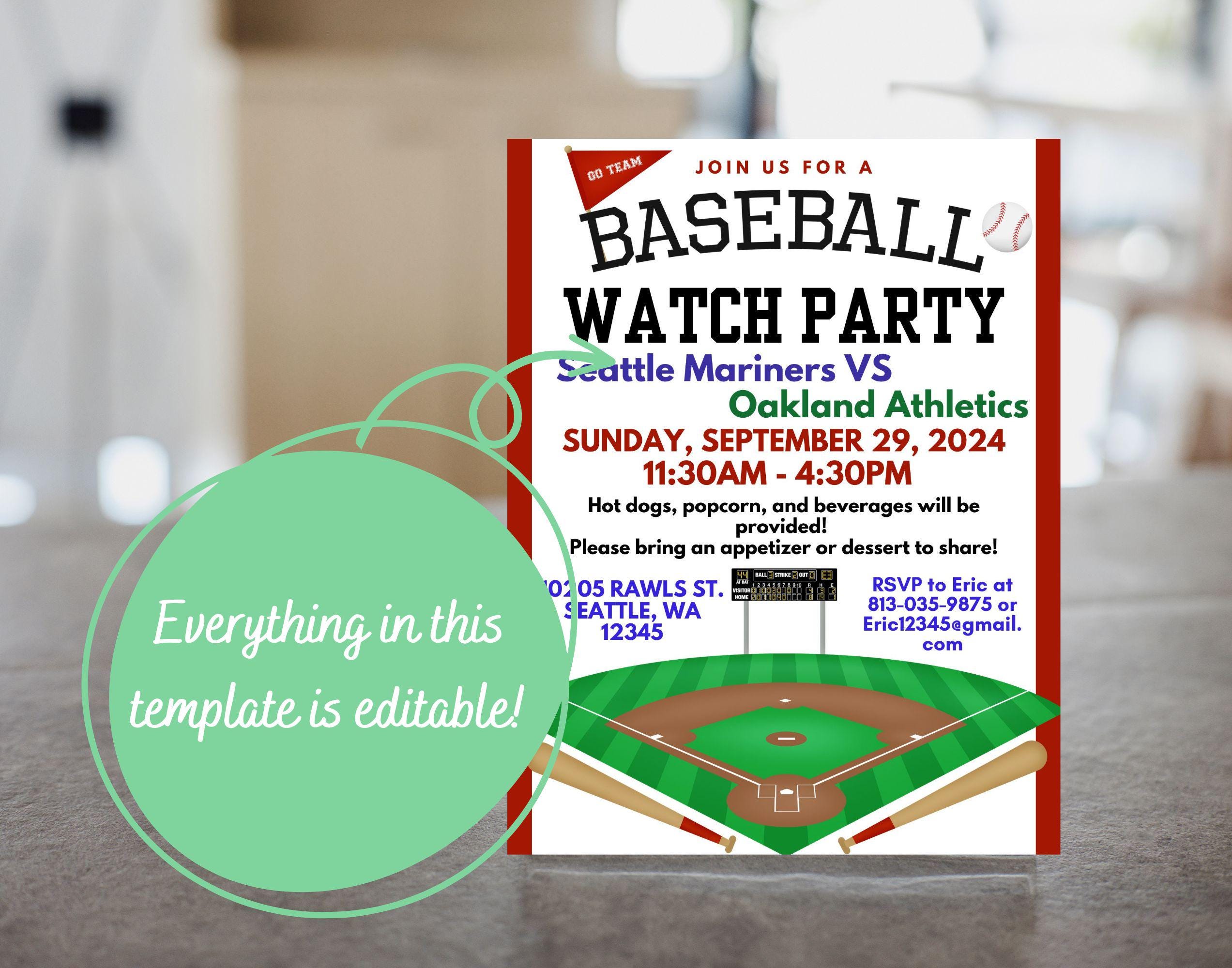 Baseball Watch Party Invitation Flyer Template, Editable and Printable ...