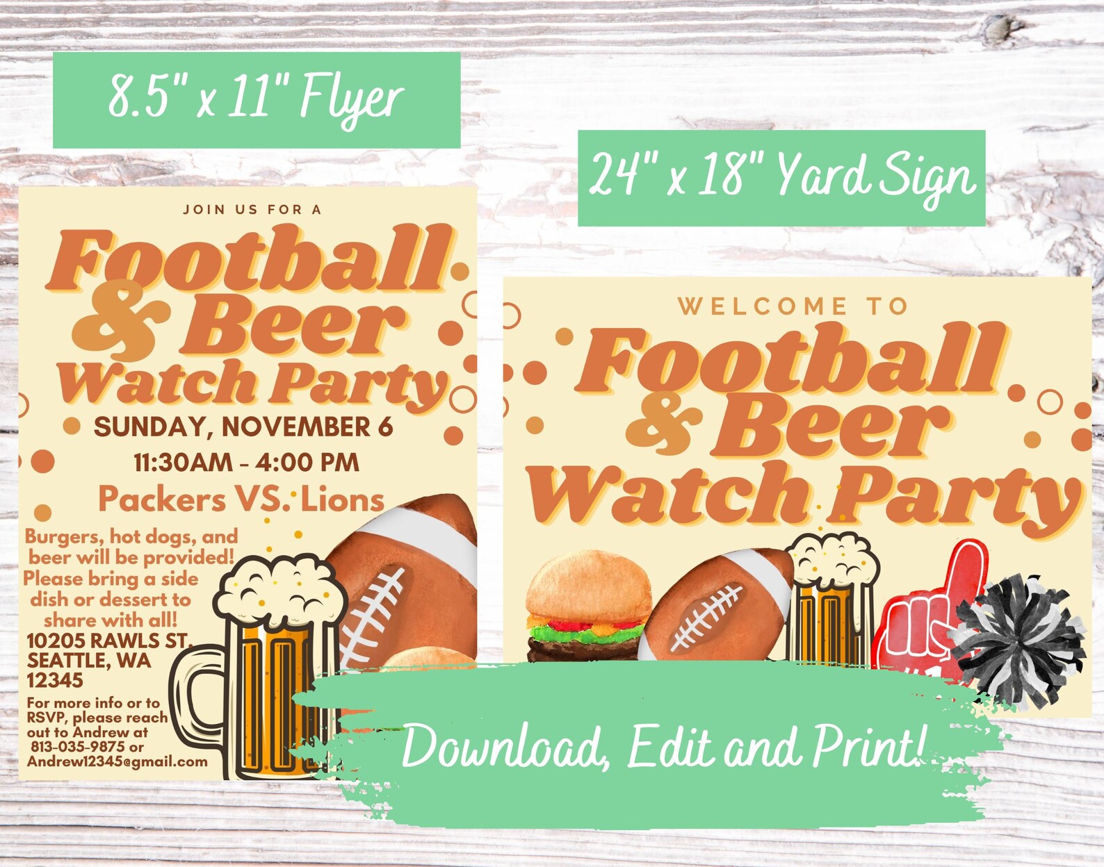 Editable and Printable Football & Beer Watch Party Flyer and Yard Sign ...