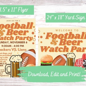 Editable and Printable Football & Beer Watch Party Flyer and Yard Sign ...