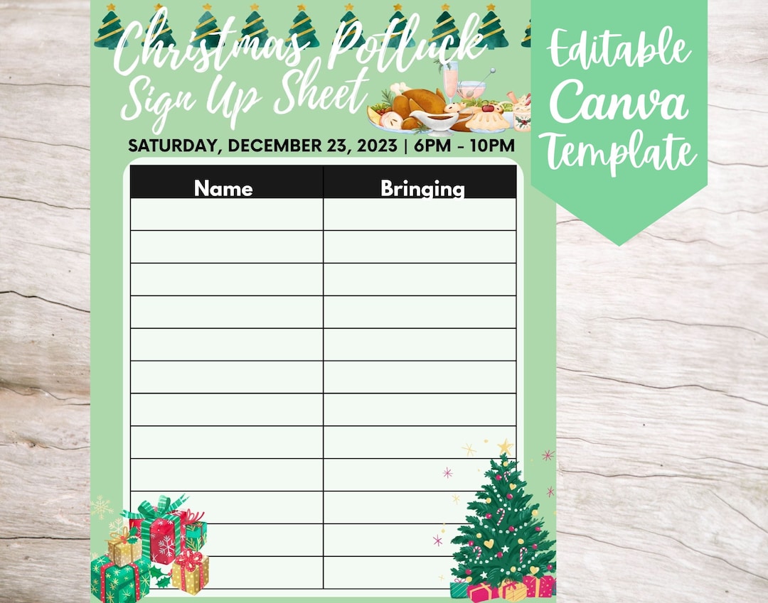 EDITABLE and Printable Christmas Potluck Sign up Sheet Template ...