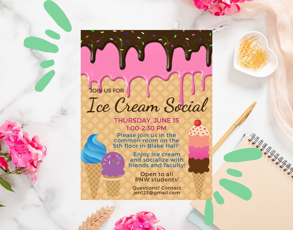 Ice Cream Social Event Invitation Flyer Template, Editable and ...