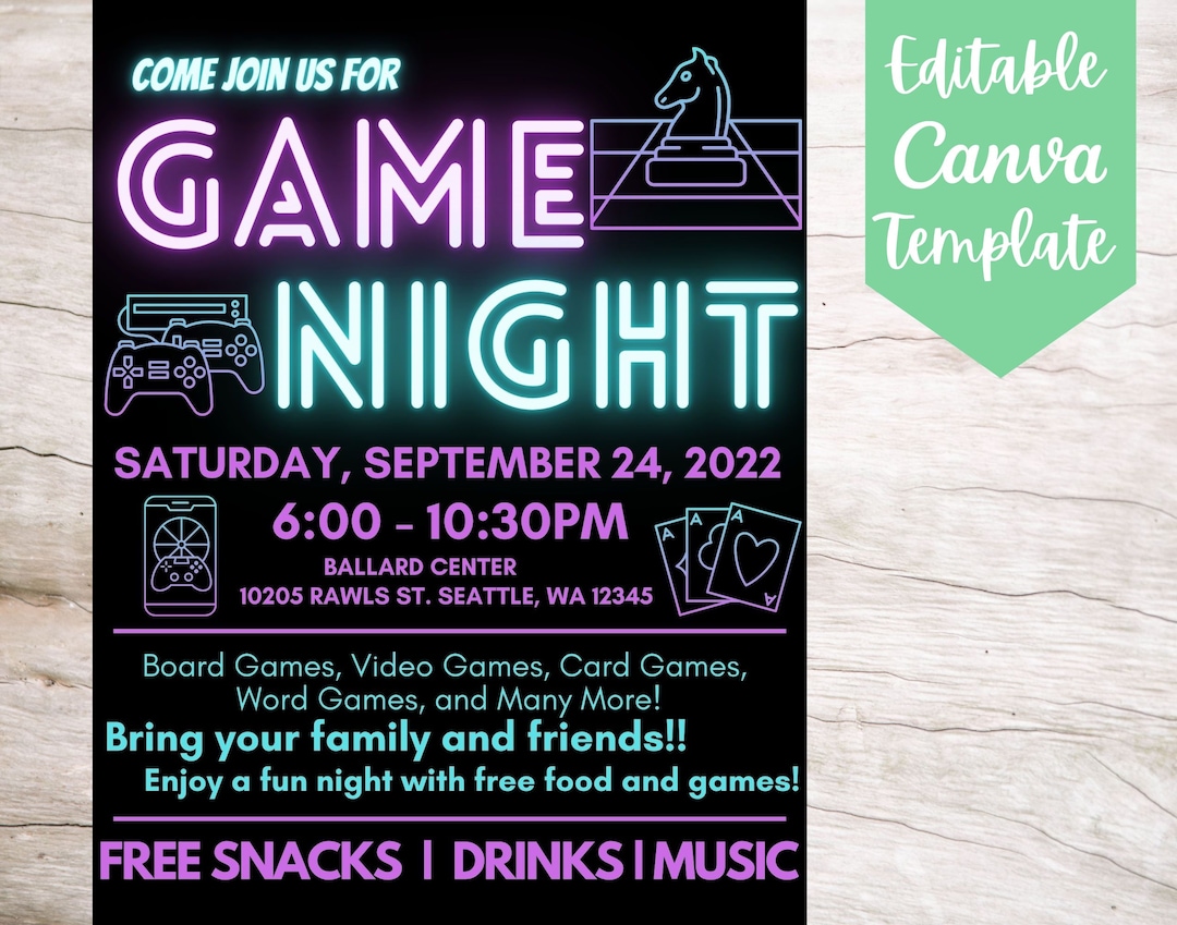 Editable and Printable Neon Game Night Invitation Flyer Template ...