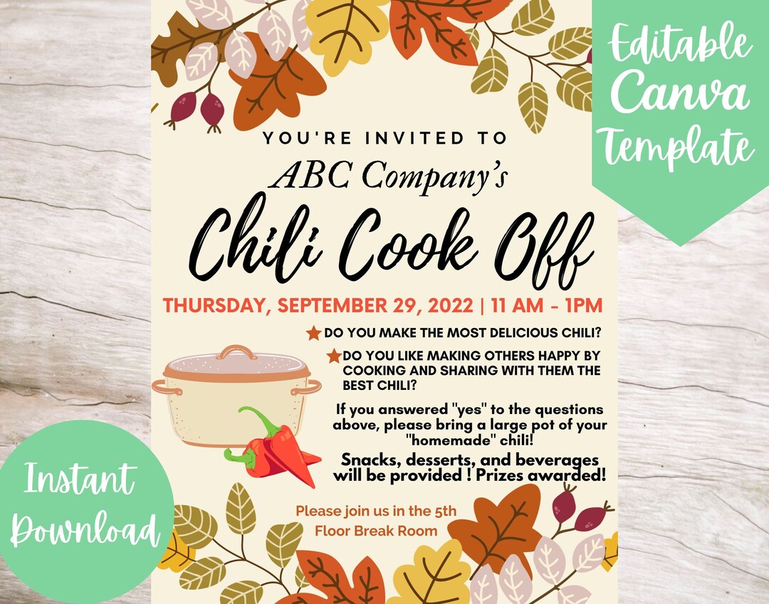 Editable And Printable Office Chili Cook Off Invitation Flyer Template Editable And Printable Office Chili Cook Off Invitation Flyer Template