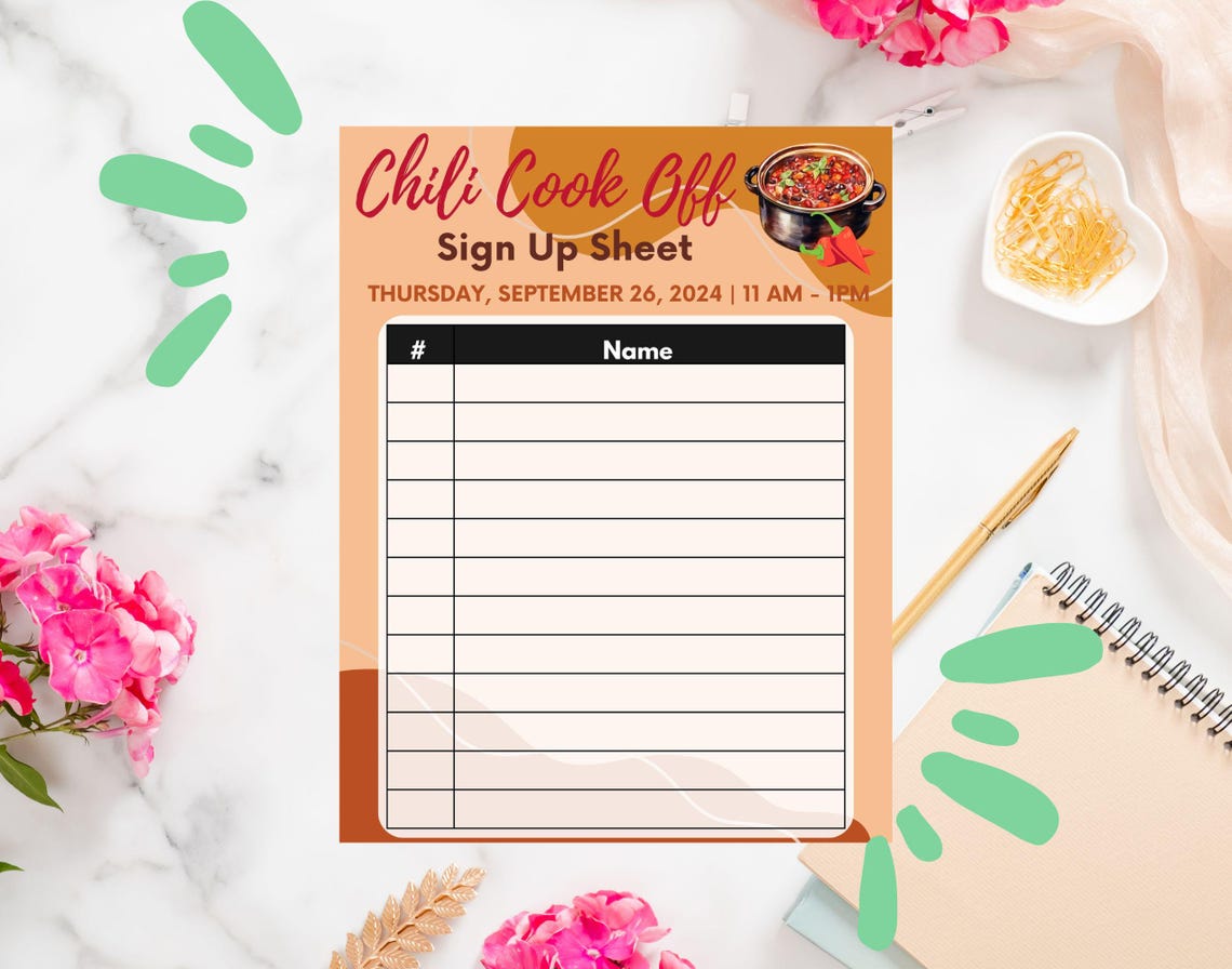Chili Cook off Sign up Sheet Template, Editable and Printable Instant ...