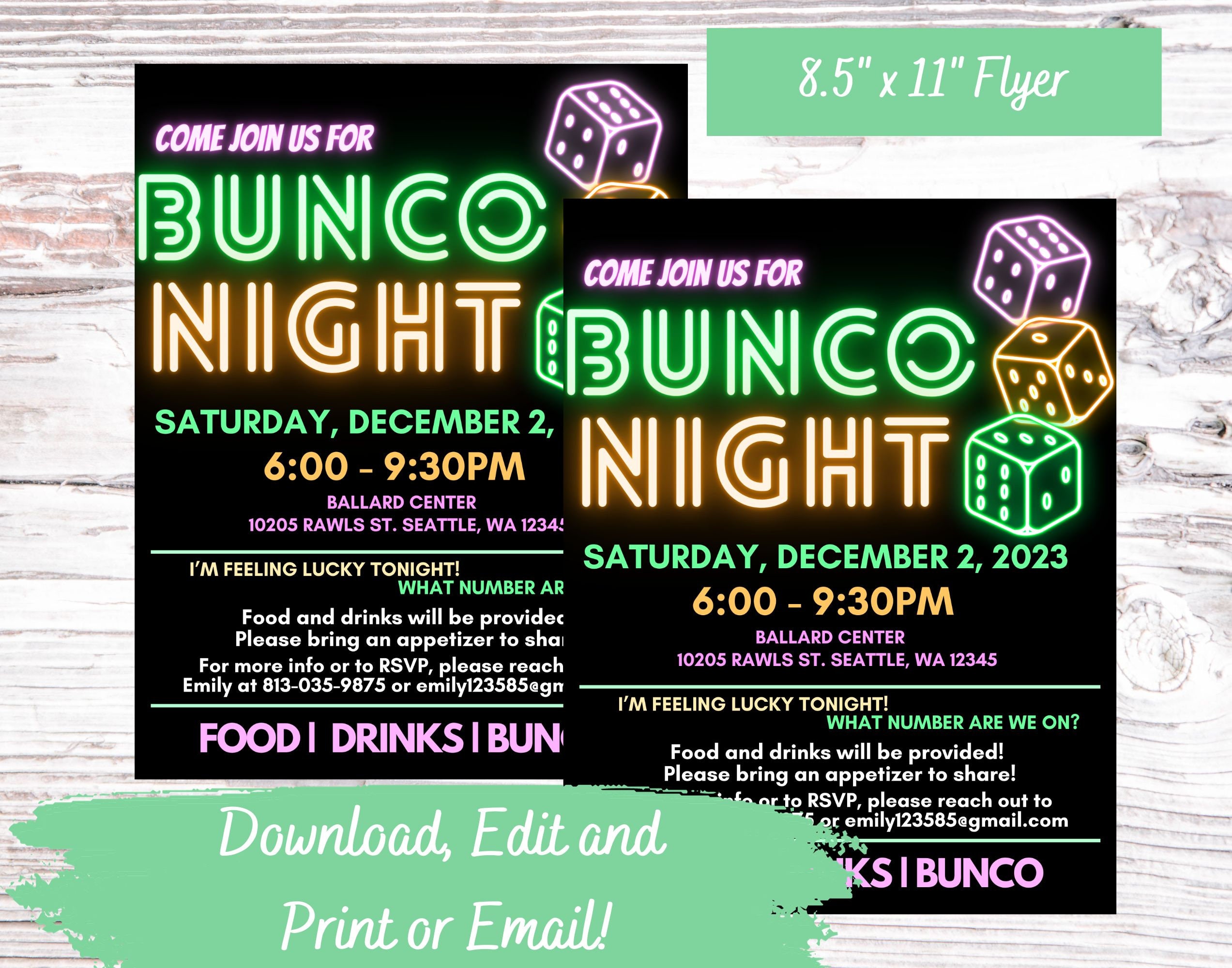 EDITABLE and Printable Neon Bunco Night Invitation Flyer Template ...