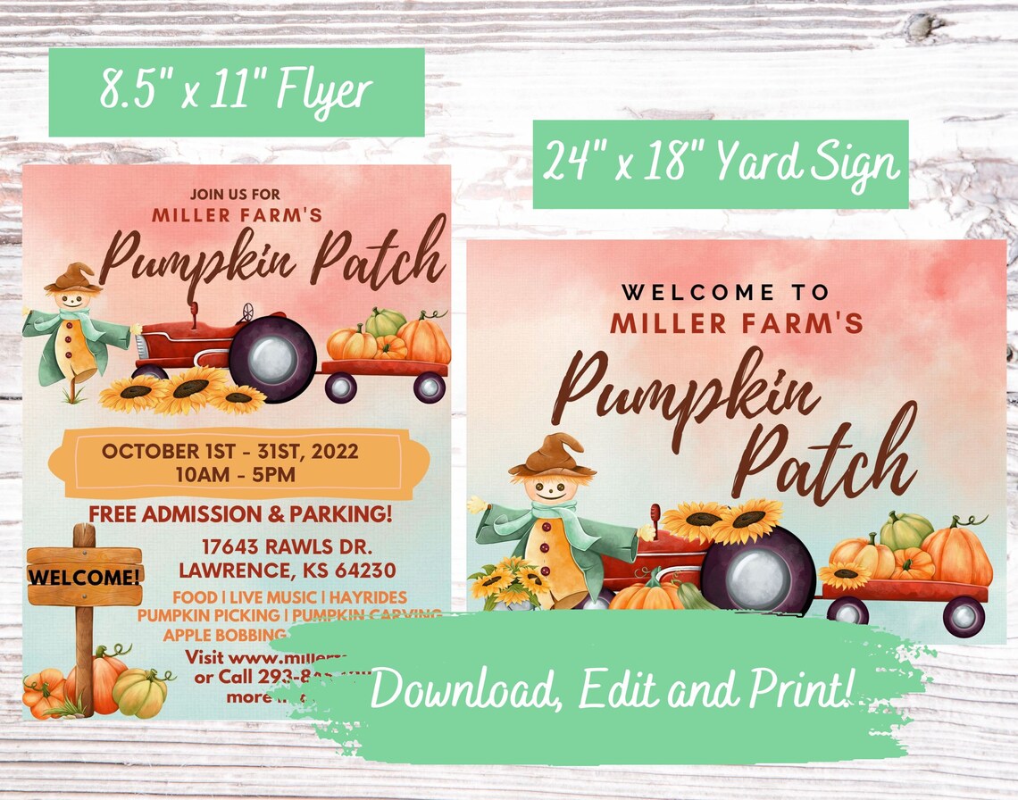 Editable and Printable Fall Pumpkin Patch Event Flyer and Yard Sign ...