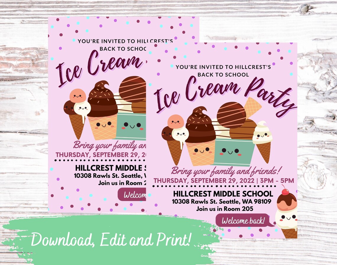 Editable and Printable Back to School Ice Cream Party Invitation Flyer ...