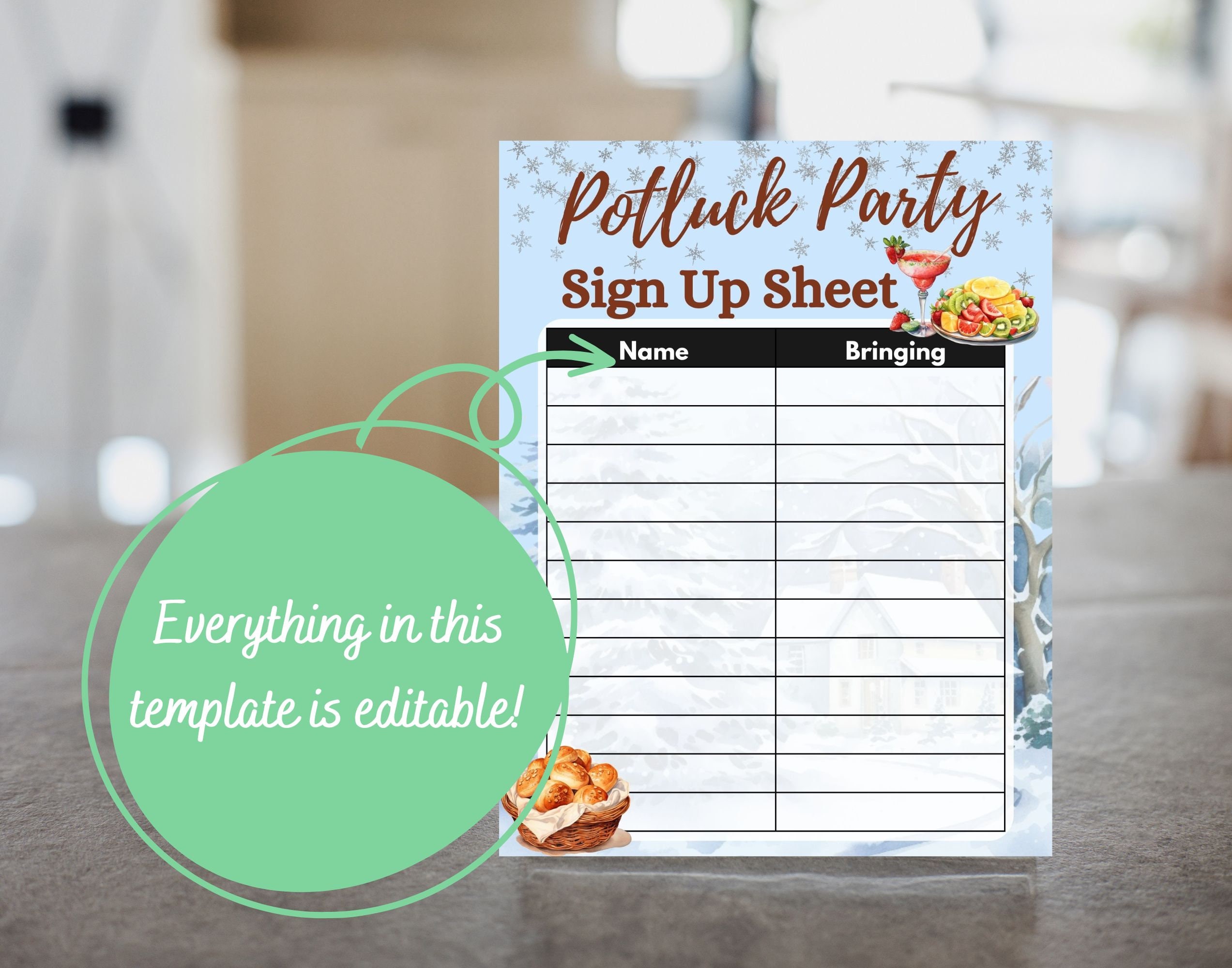 Snowflakes Potluck Party Sign up Sheet Template, Editable and Printable ...