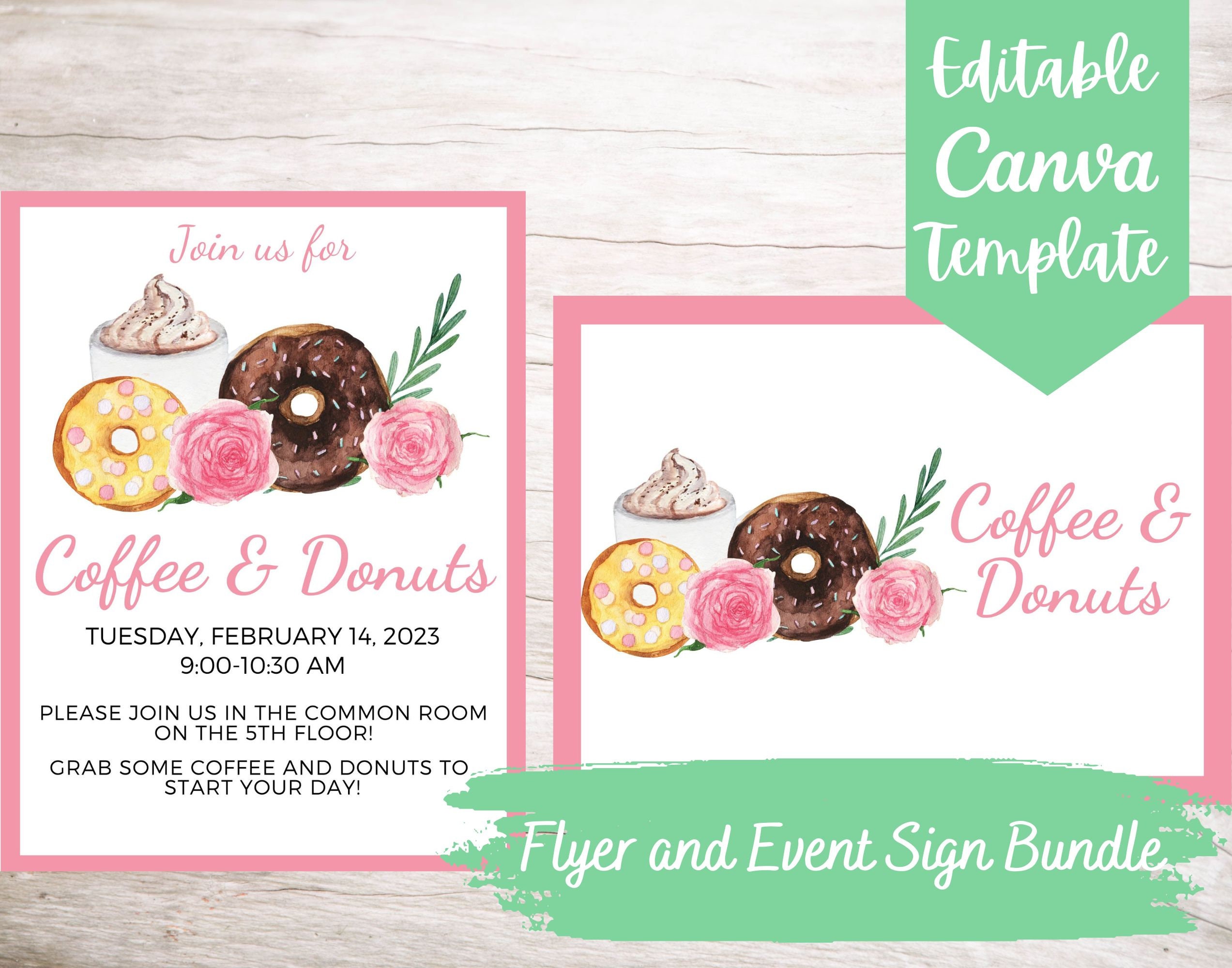 EDITABLE and Printable Pink Coffee and Donuts Flyer and Event Sign ...
