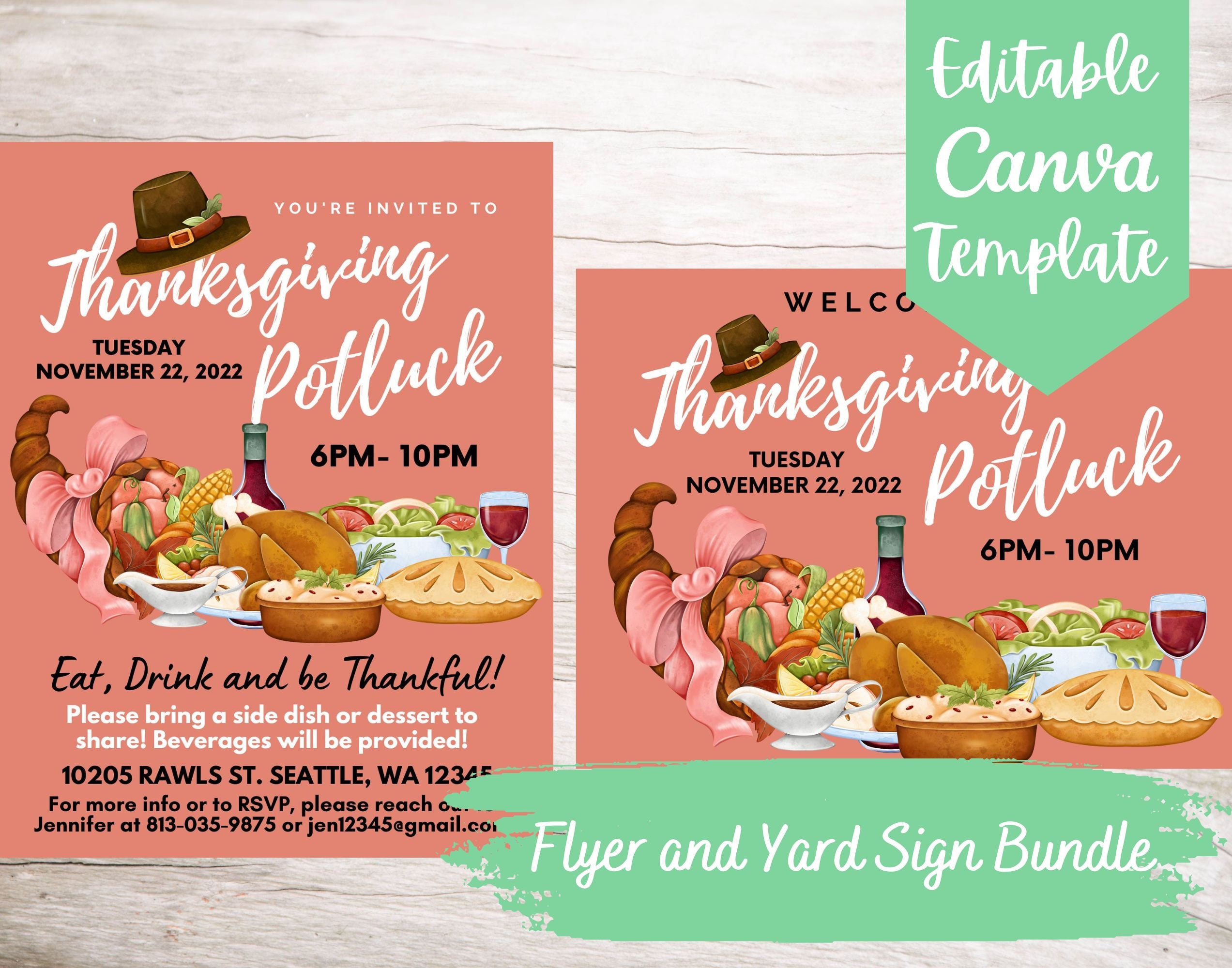Editable and Printable Thanksgiving Potluck Flyer and Yard Sign ...