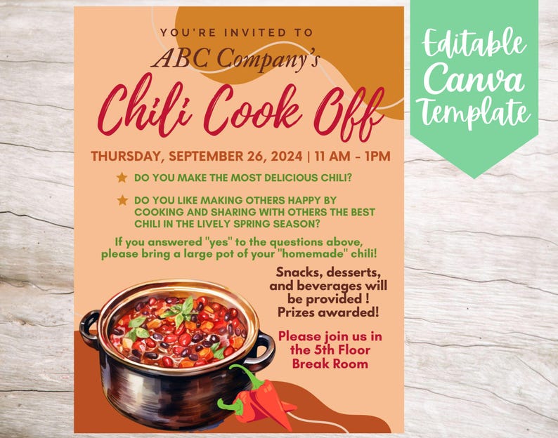 Office Chili Cook off Event Invitation Flyer Template, Editable and ...