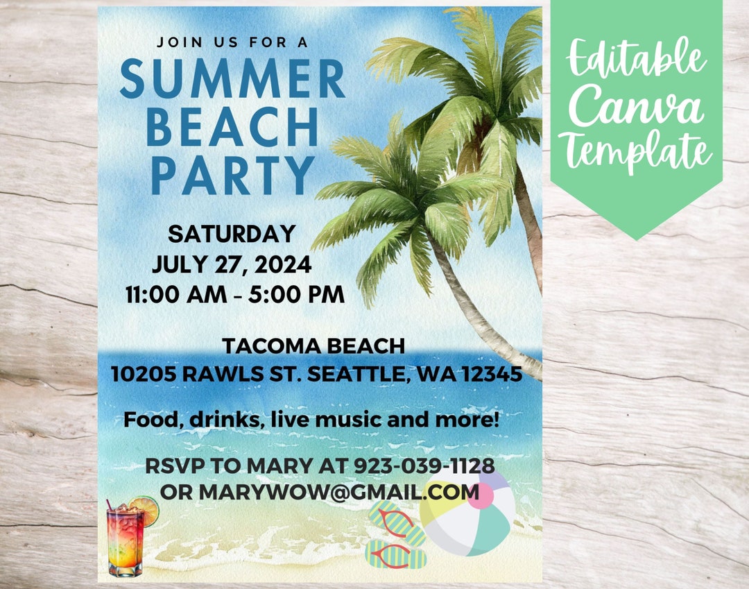 Summer Beach Party Event Invitation Flyer Template, Editable and ...