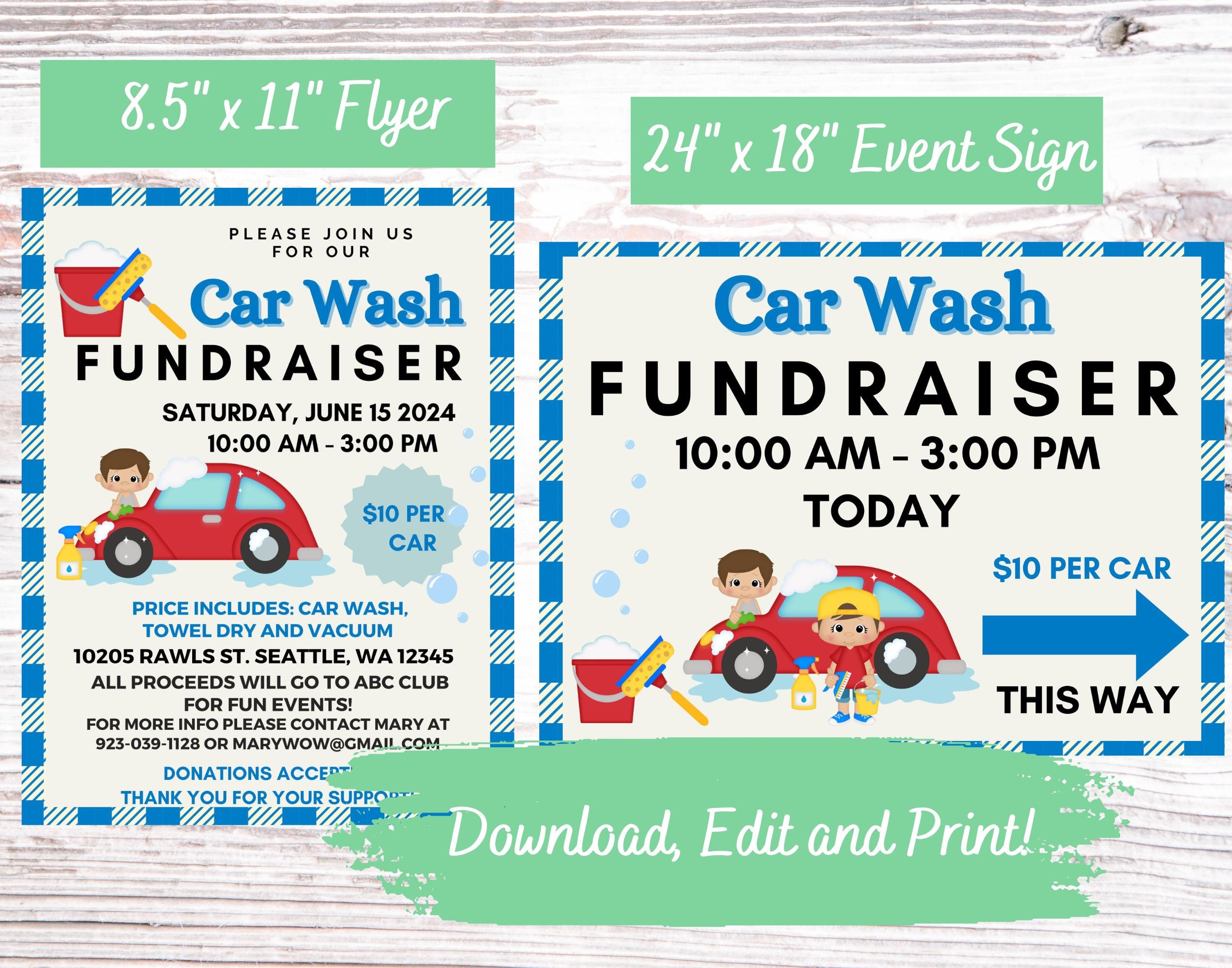 Car Wash Fundraiser Flyer and Event Sign Template Bundle, Editable and ...