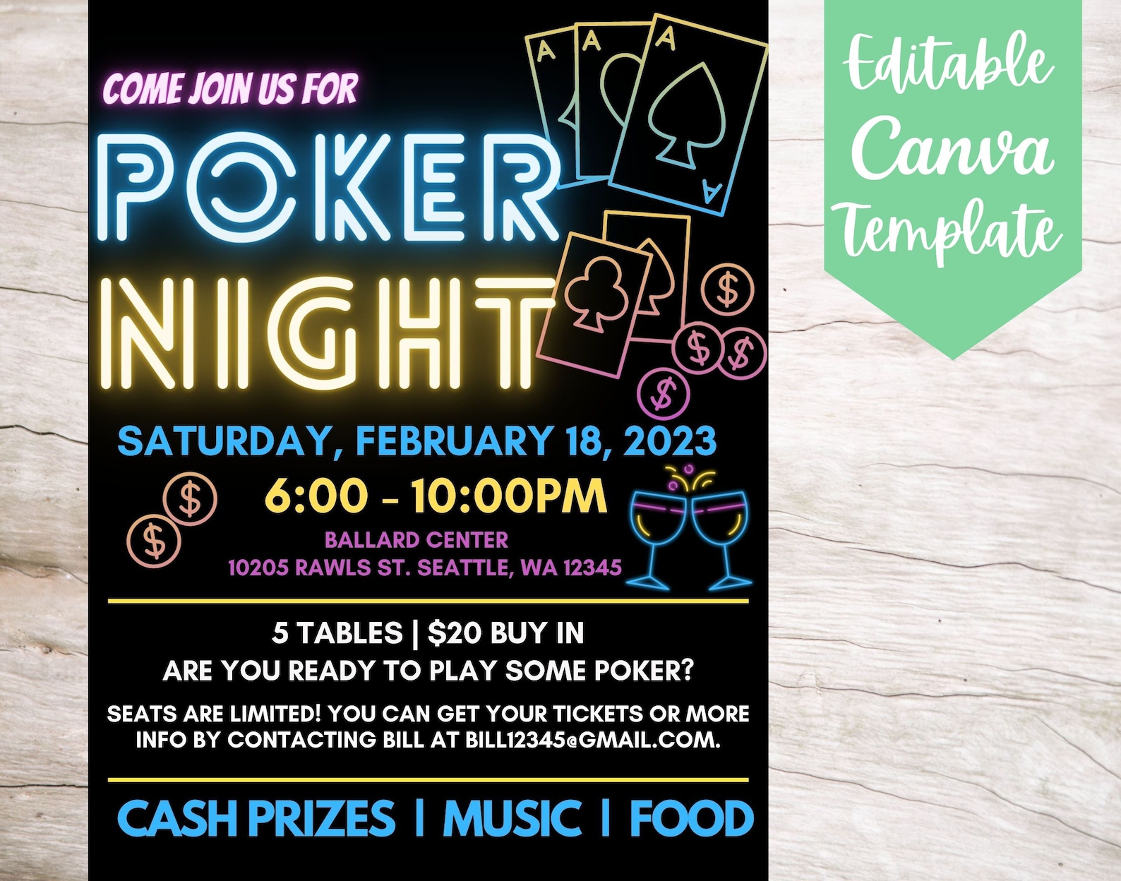 EDITABLE and Printable Neon Poker Night Invitation Flyer Template ...