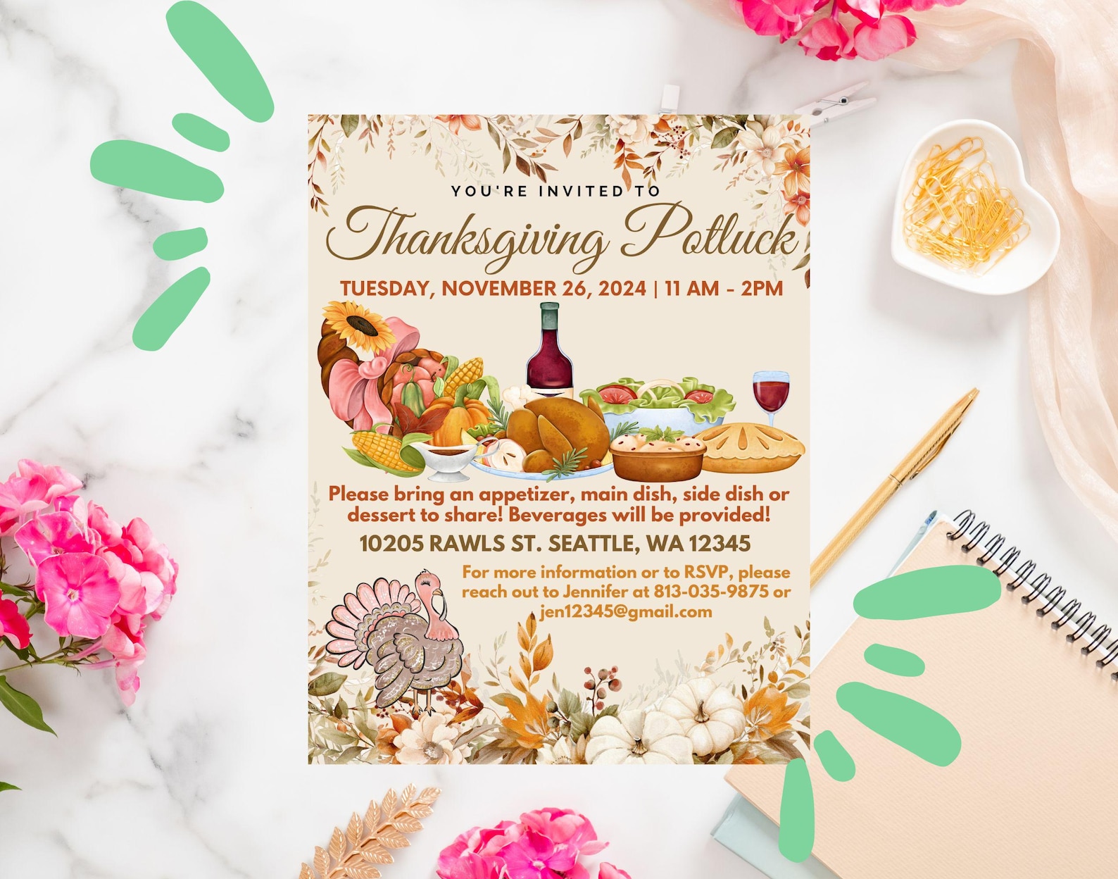 Thanksgiving Potluck Event Invitation Flyer Template, Editable and ...