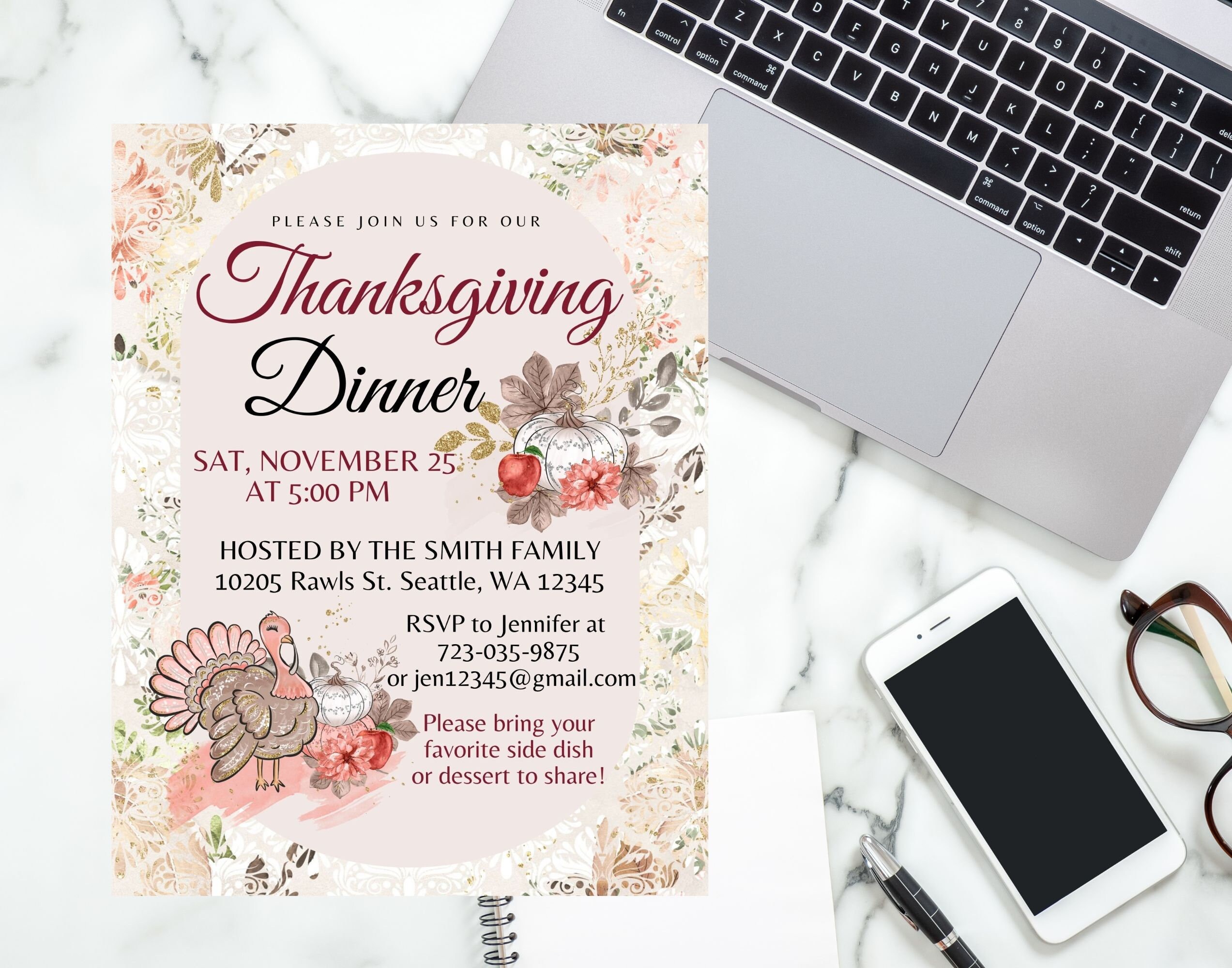 EDITABLE and Printable Floral Thanksgiving Dinner Invitation Flyer ...