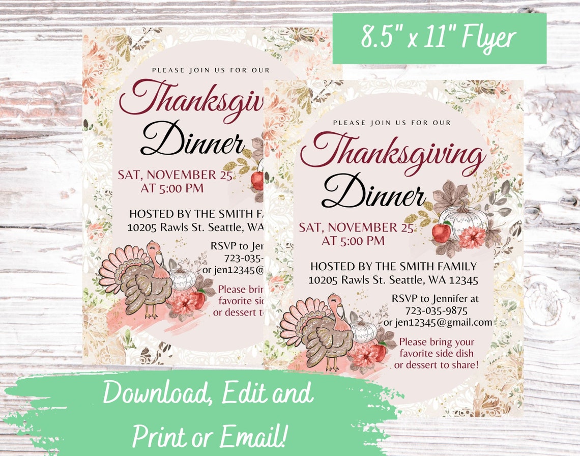 EDITABLE and Printable Floral Thanksgiving Dinner Invitation Flyer ...