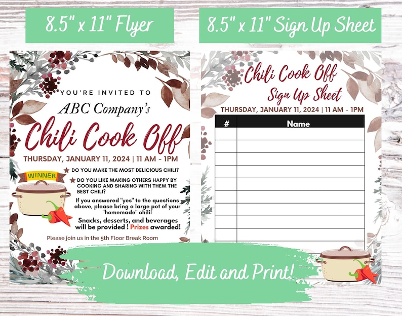 EDITABLE and Printable Winter Chili Cook off Flyer and Sign up Sheet ...