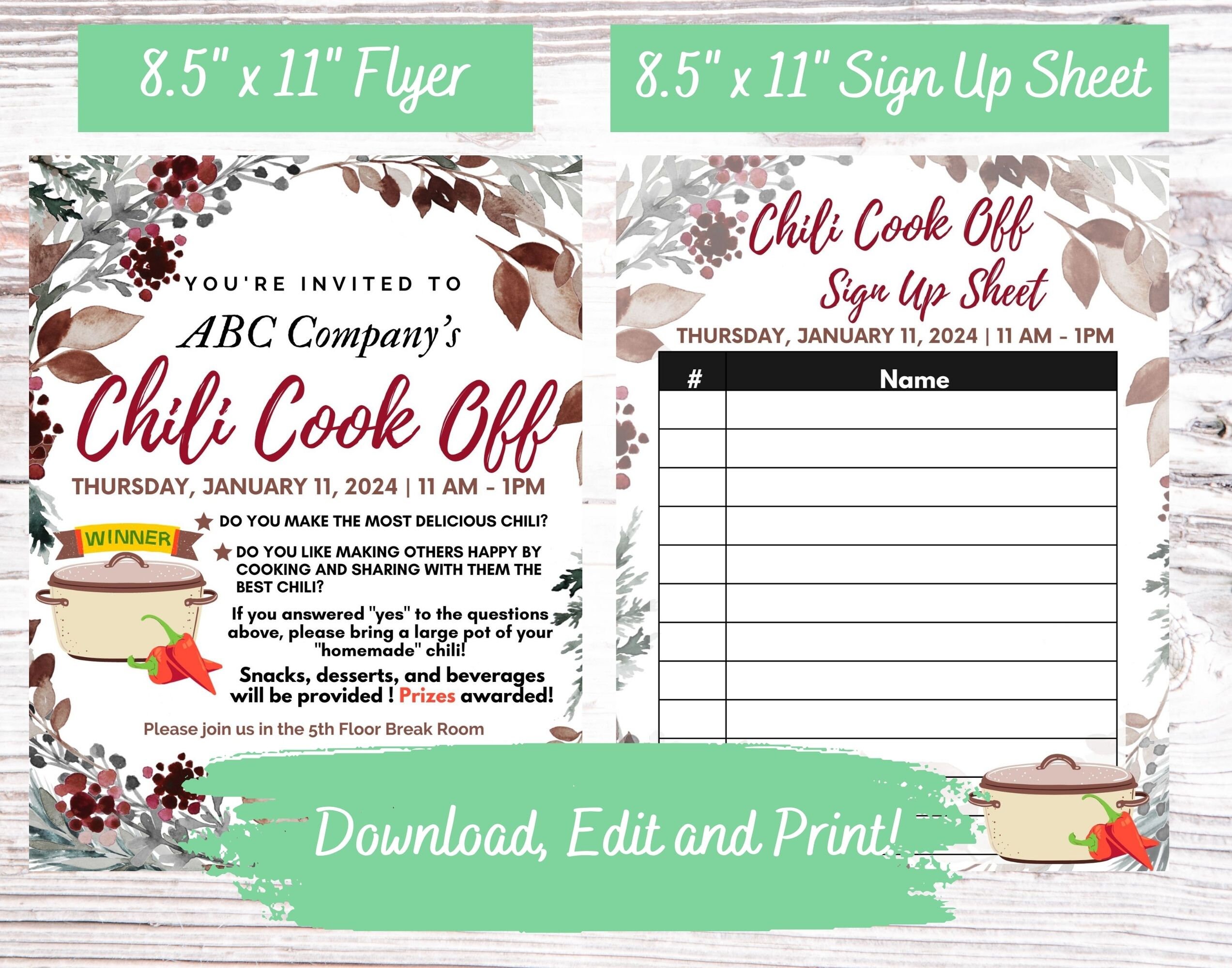 EDITABLE and Printable Winter Chili Cook off Flyer and Sign up Sheet ...
