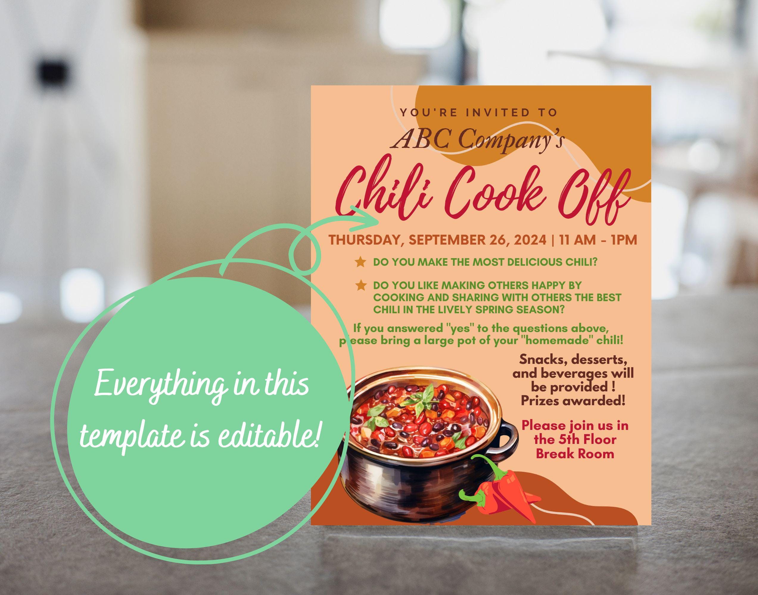Office Chili Cook off Event Invitation Flyer Template, Editable and ...