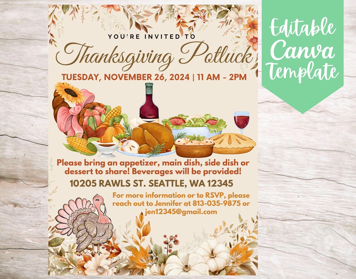 Thanksgiving Potluck Event Invitation Flyer Template, Editable and ...