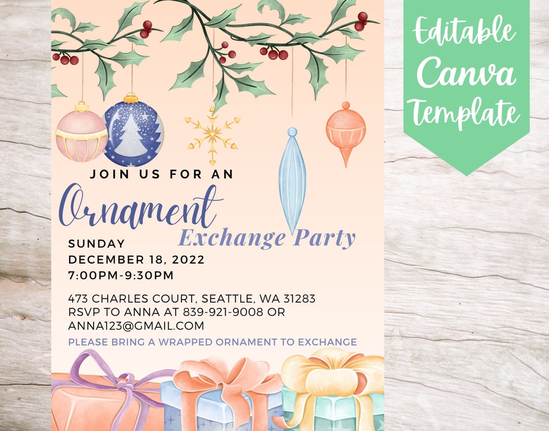 Editable and Printable Christmas Ornament Exchange Party Invitation ...
