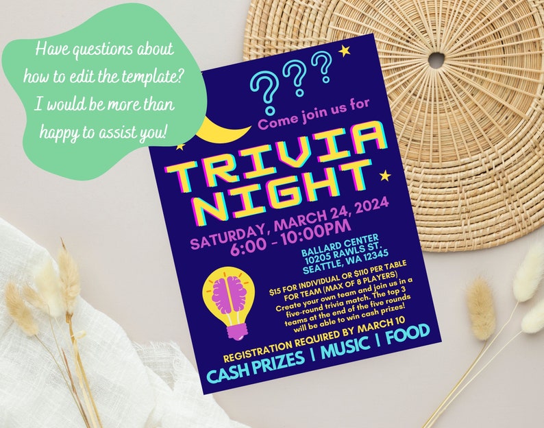 Trivia Night Event Invitation Flyer Template (editable and Printable ...