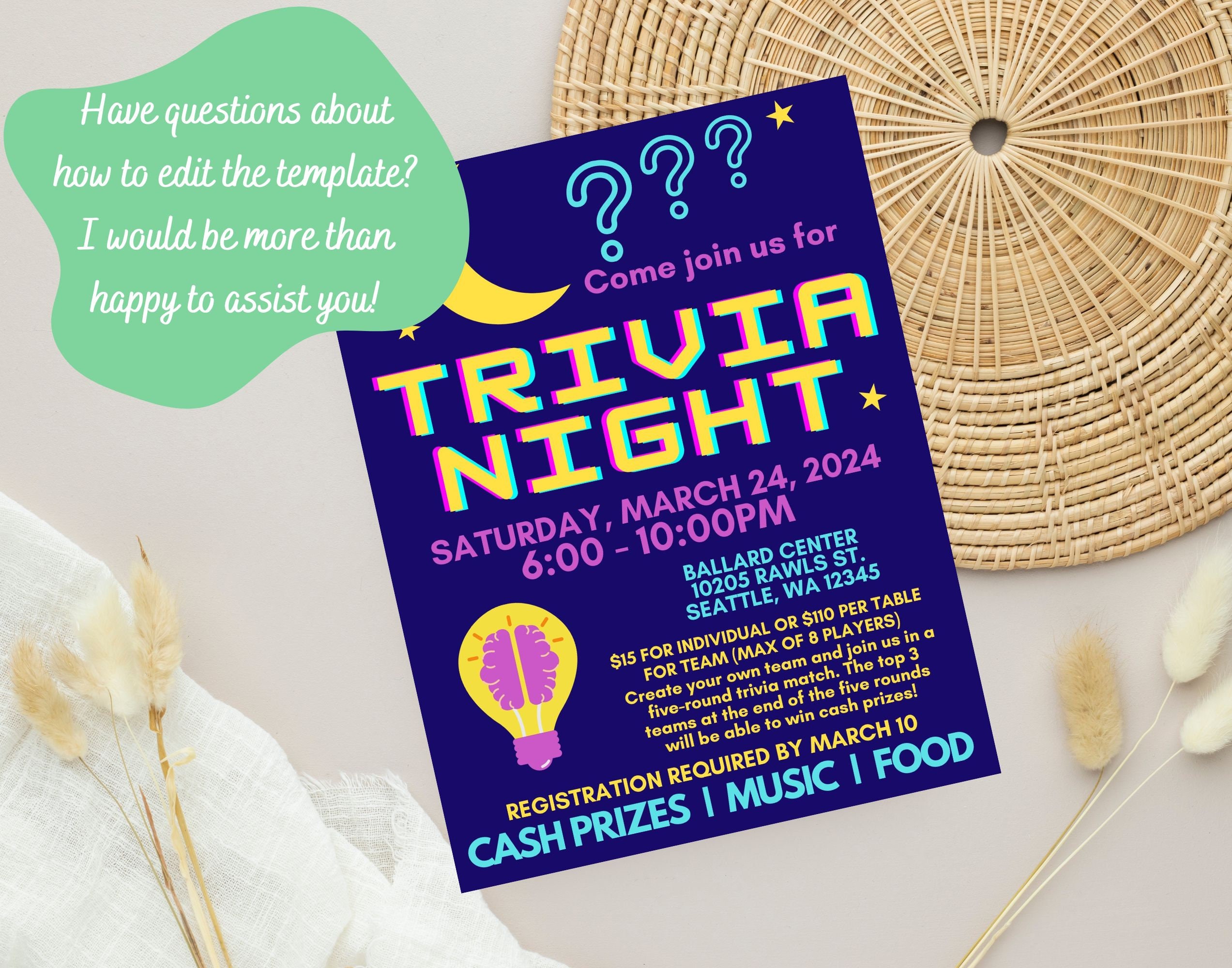 Trivia Night Event Invitation Flyer Template (editable and Printable ...