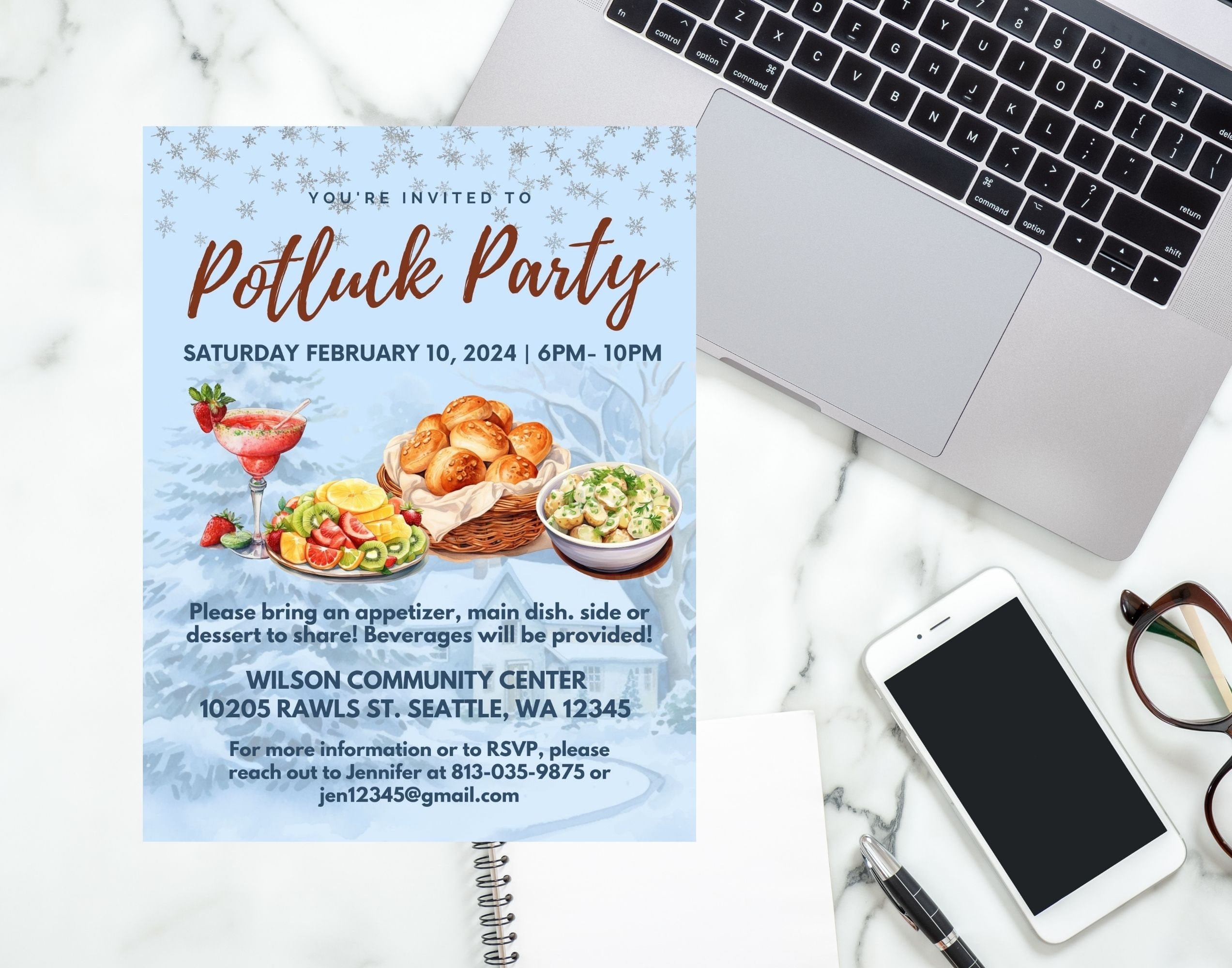 Potluck Party Invitation Flyer Template, Winter Season Potluck Party ...