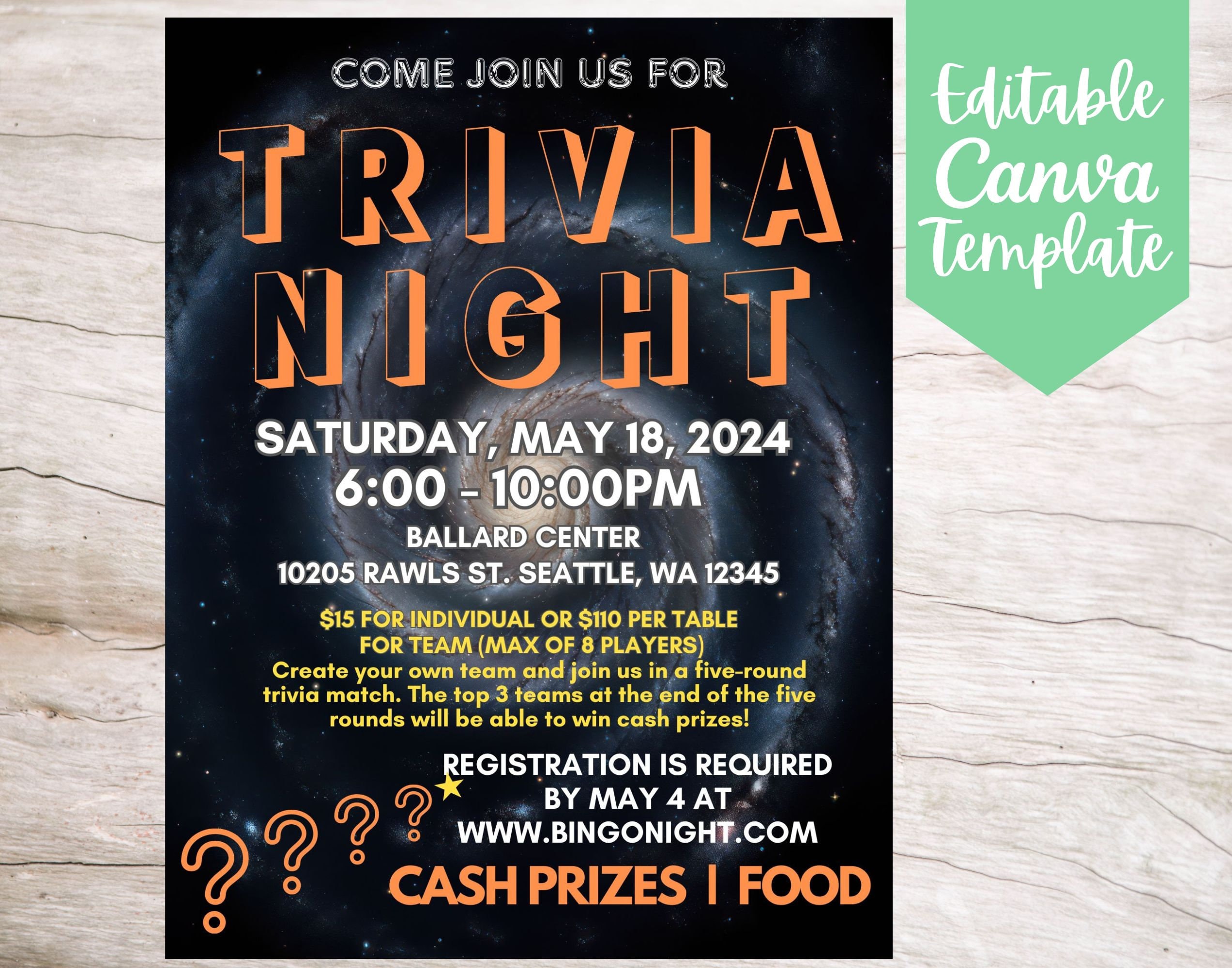 Galaxy Space Trivia Night Invitation Flyer Template, Editable and ...