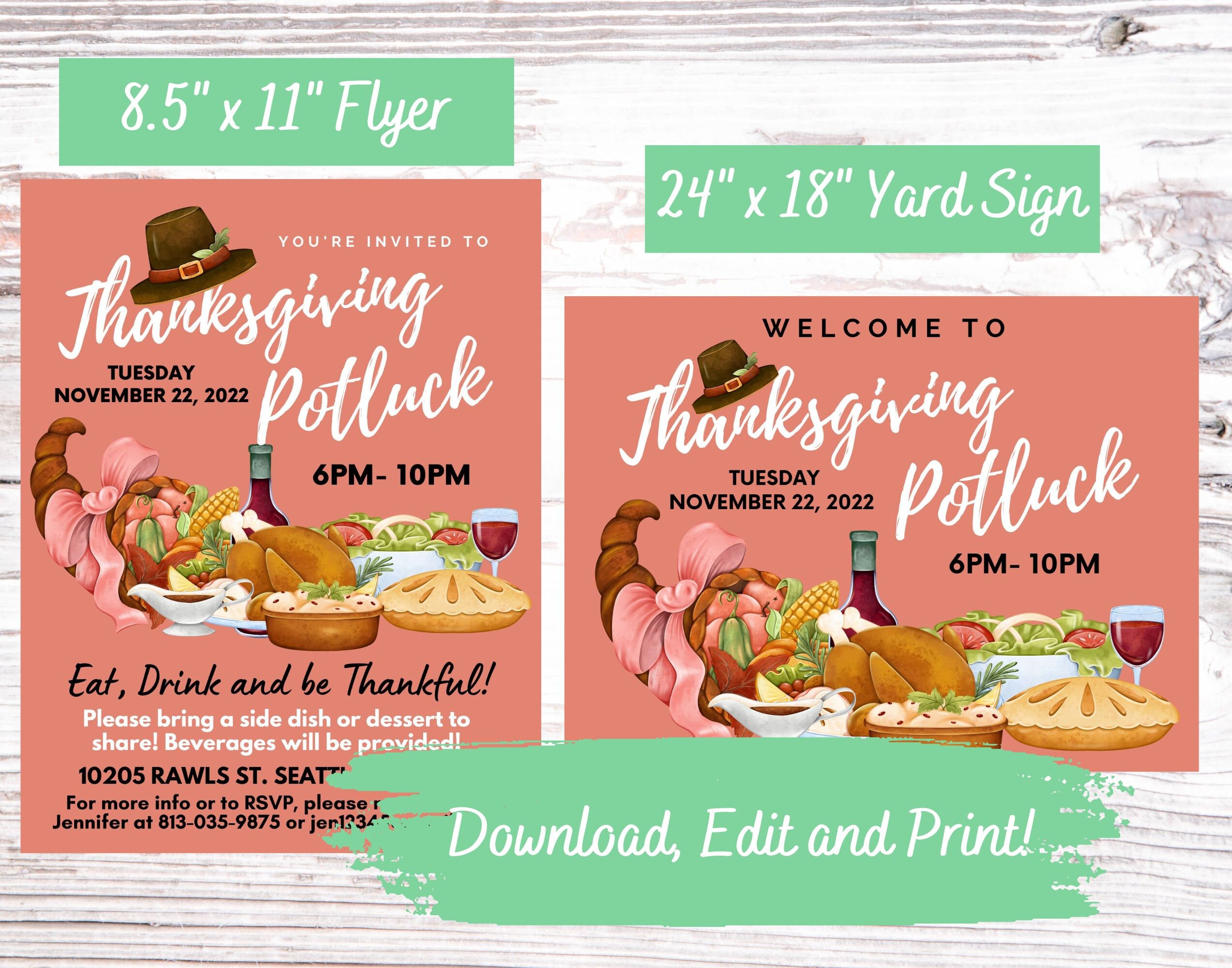 Editable and Printable Thanksgiving Potluck Flyer and Yard Sign ...
