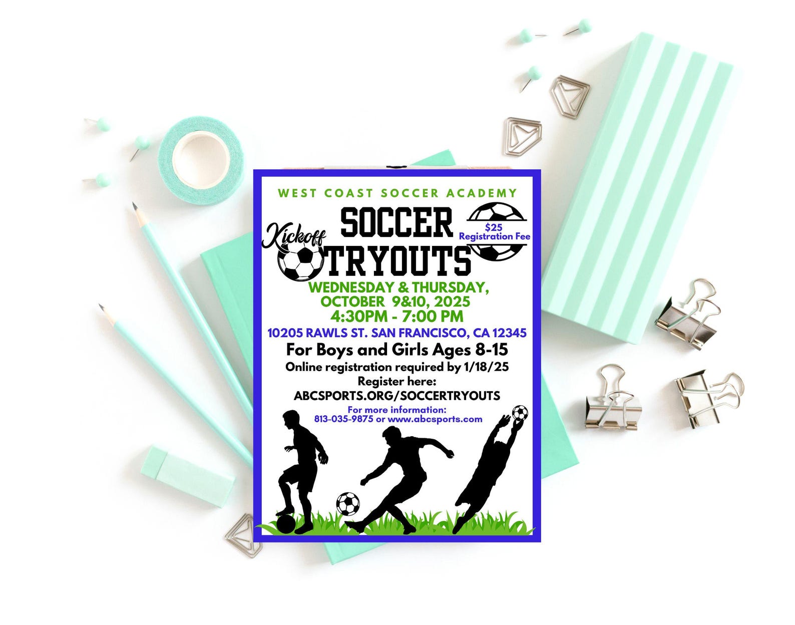 School Soccer Tryouts Invitation Flyer Template, Editable and Printable ...