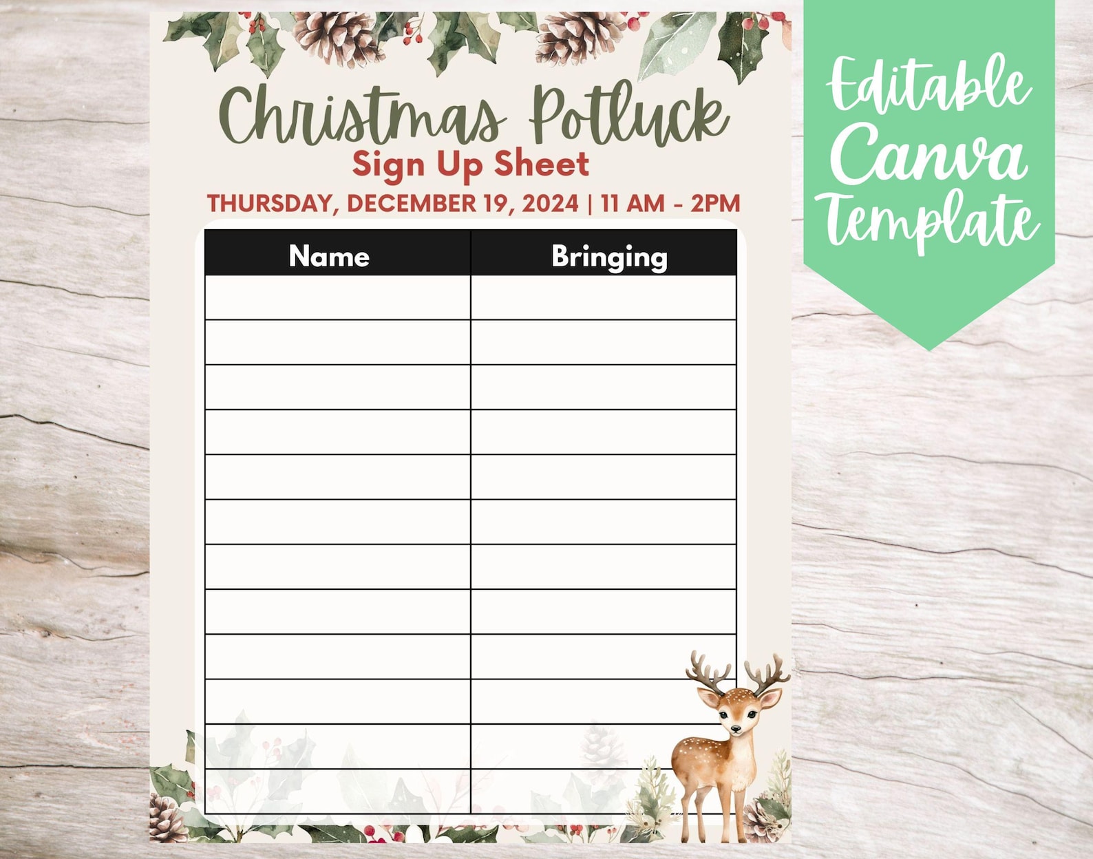 Christmas Potluck Sign up Sheet Template, Editable and Printable ...