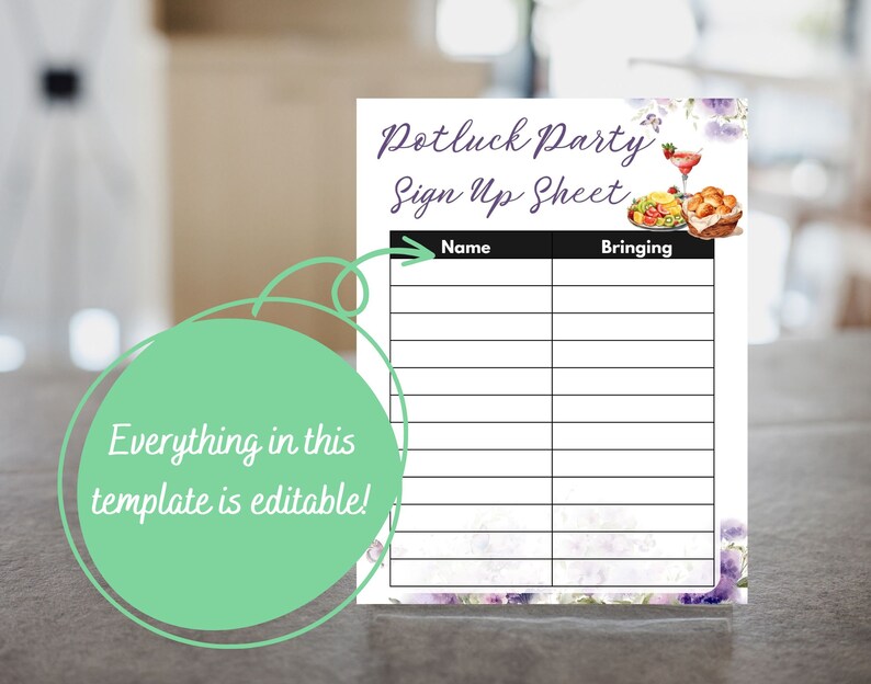 Spring Potluck Party Sign up Sheet Template, Editable and Printable ...