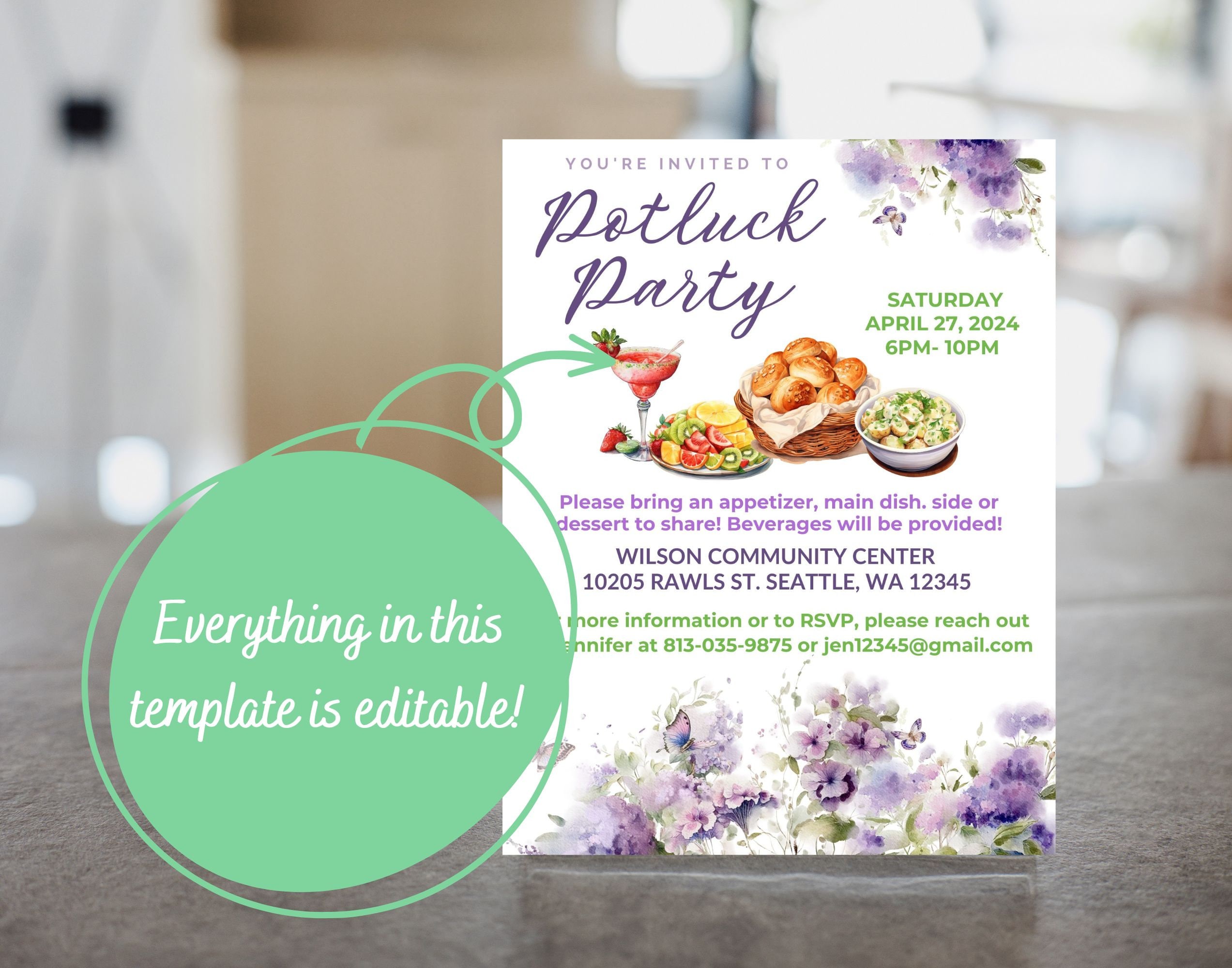 Spring Potluck Party Event Invitation Flyer Template, Editable and ...